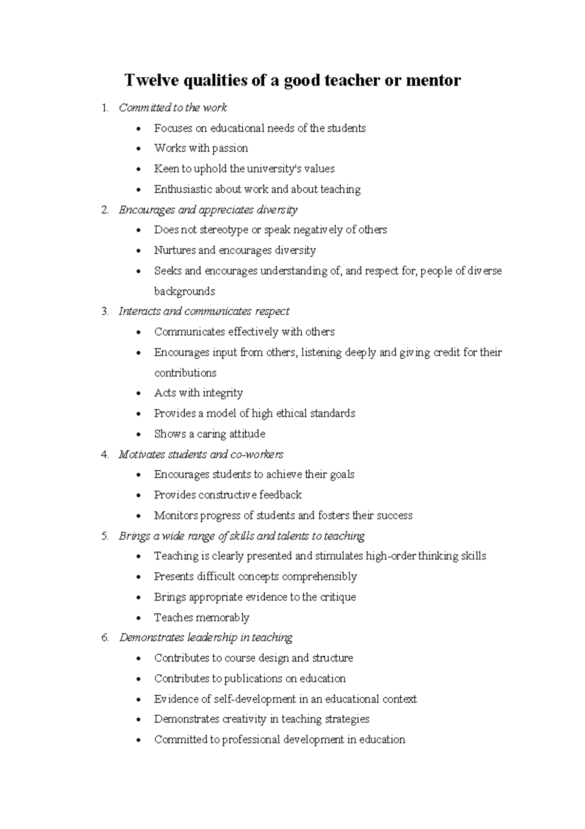 EDU 101: Twelve Qualities of an Effective Teacher or Mentor - Studocu