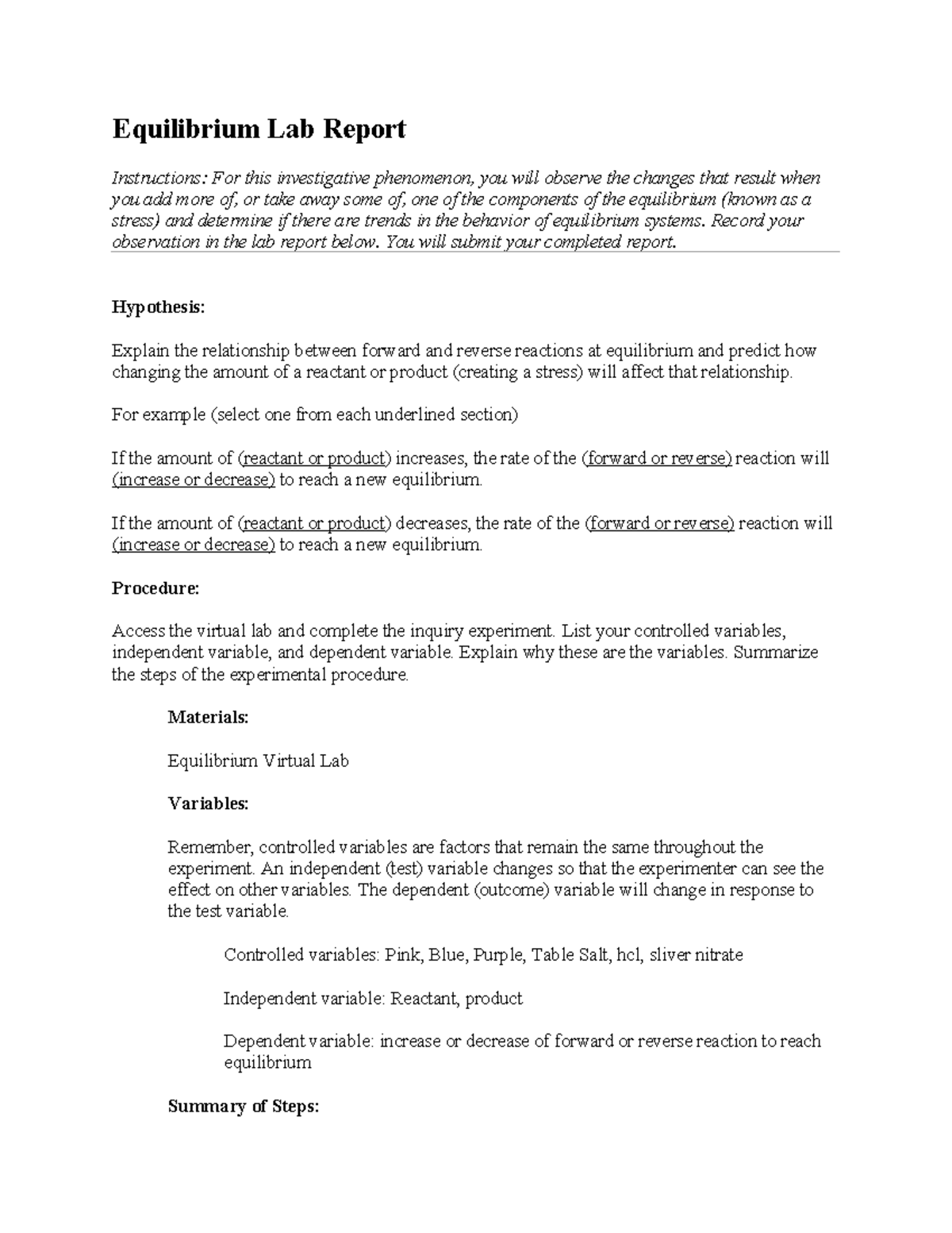 07 06 lab report - LAB ASSIGNMENT - Equilibrium Lab Report Instructions ...