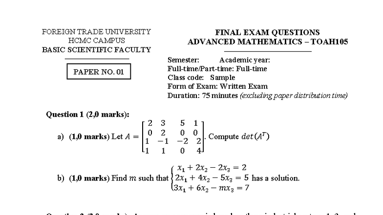 TOAH105 Advanced Mathematics Final Exam Questions - Sample Form - Studocu