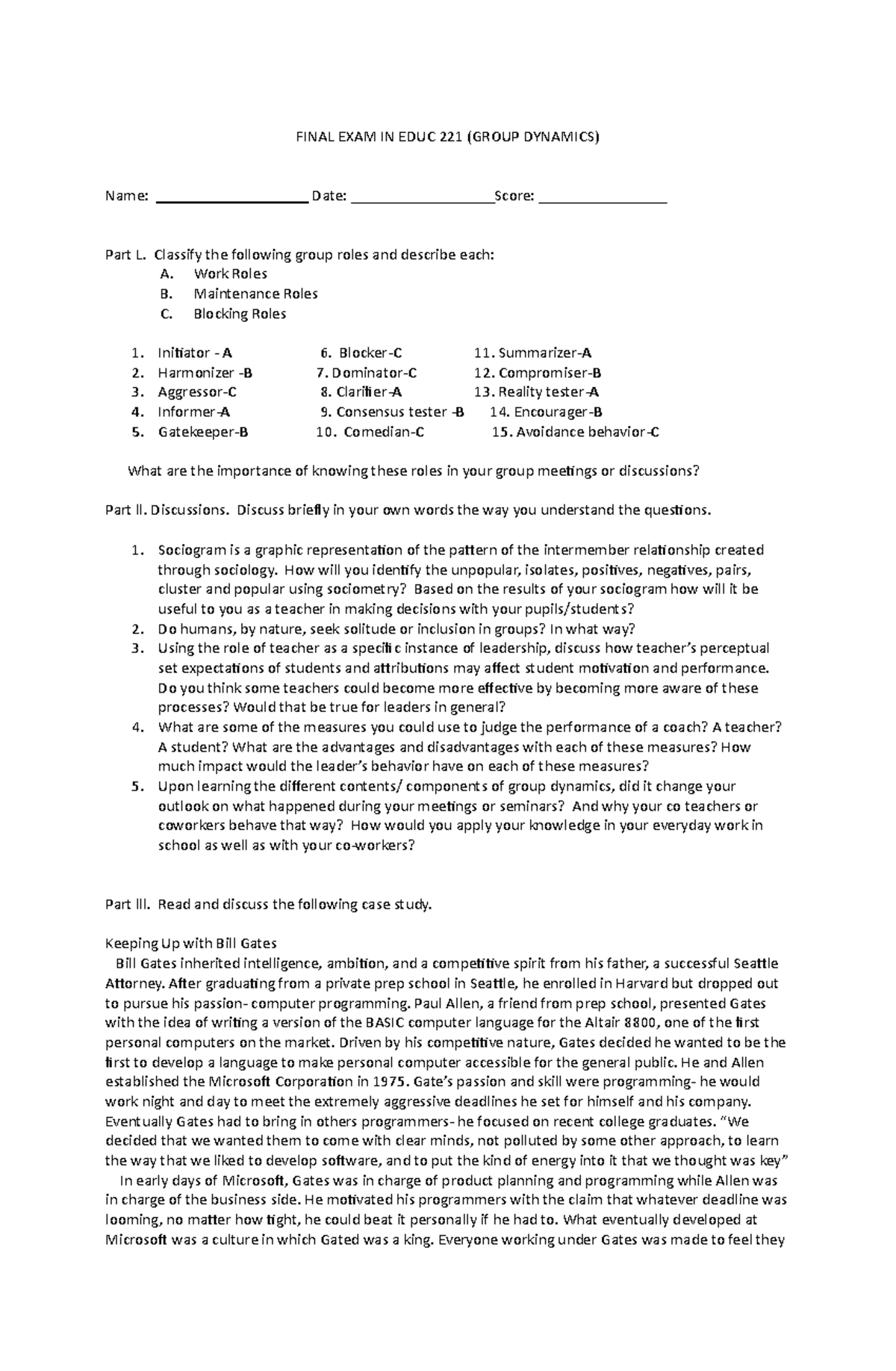 Final Exam in Group Dynamics - FINAL EXAM IN EDUC 221 (GROUP DYNAMICS ...