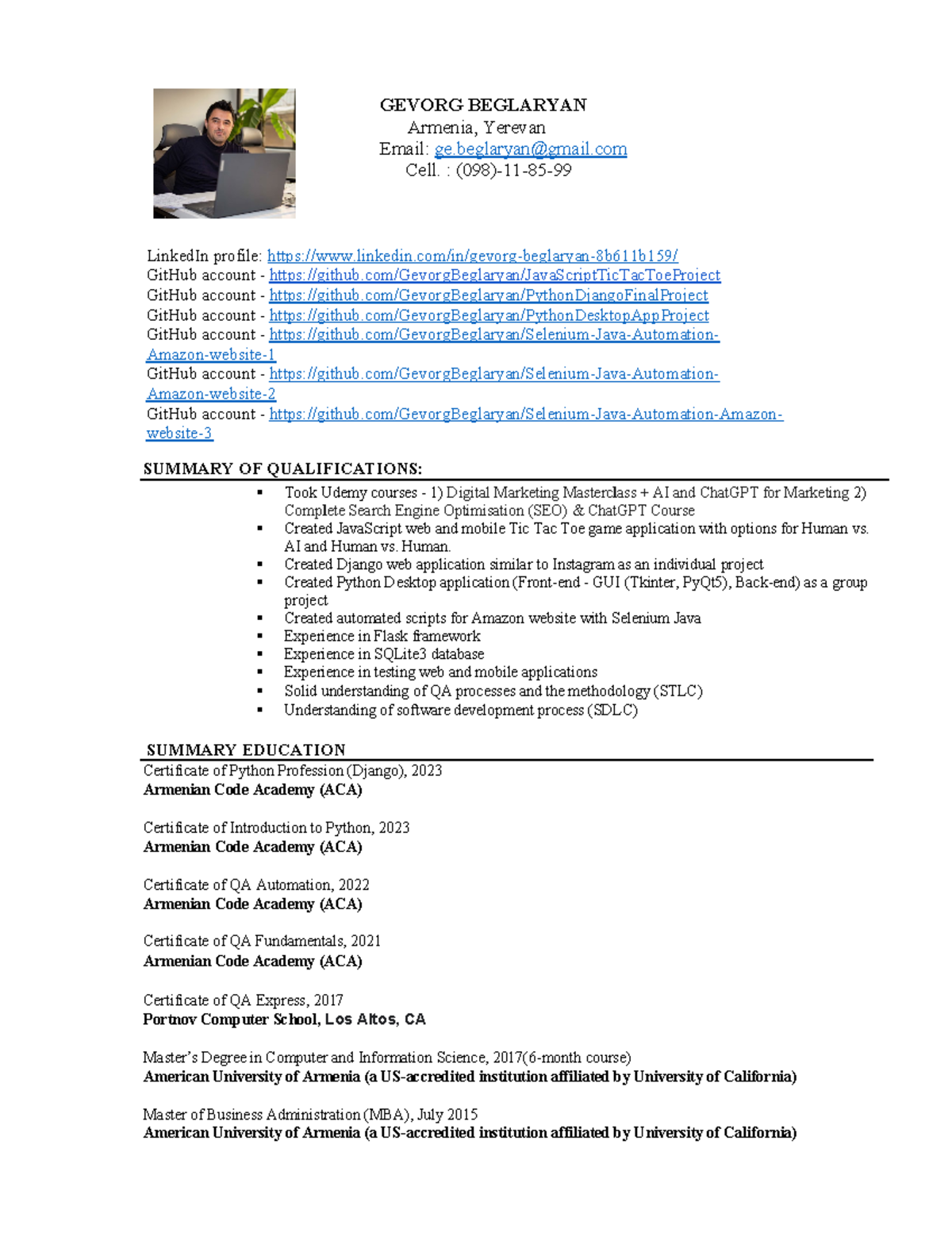 Resume-Gevorg Beglaryan - GEVORG BEGLARYAN Armenia, Yerevan Email: ge ...