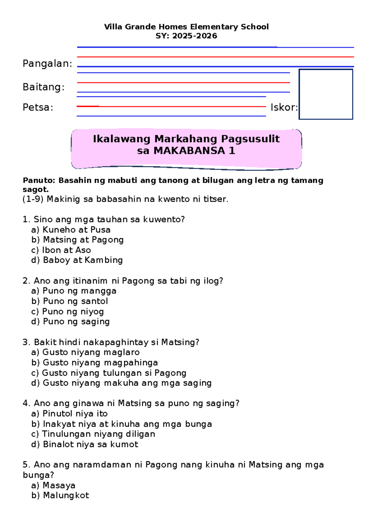 PT Grade 1 Midterm Exam: Makabansa 1 Pagsusulit - Studocu