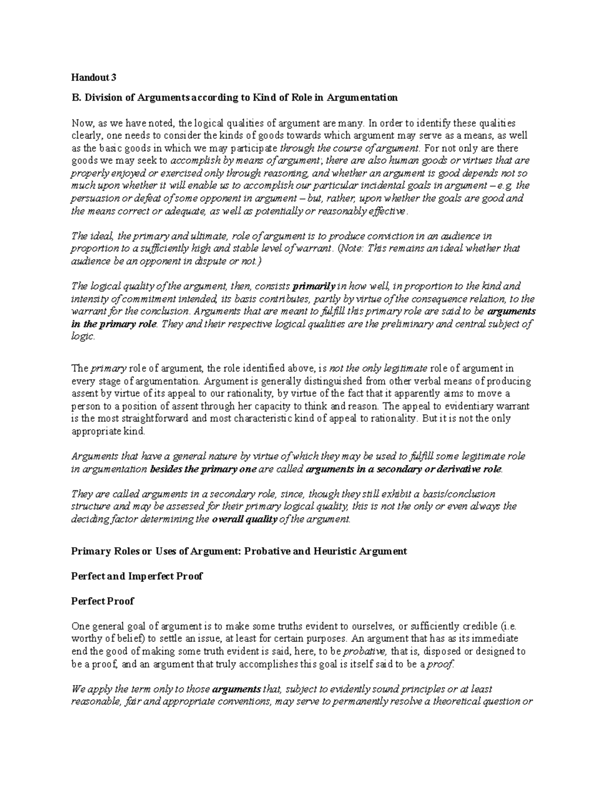 Handout 3 - Division of Arguments in Argumentation Theory - Studocu