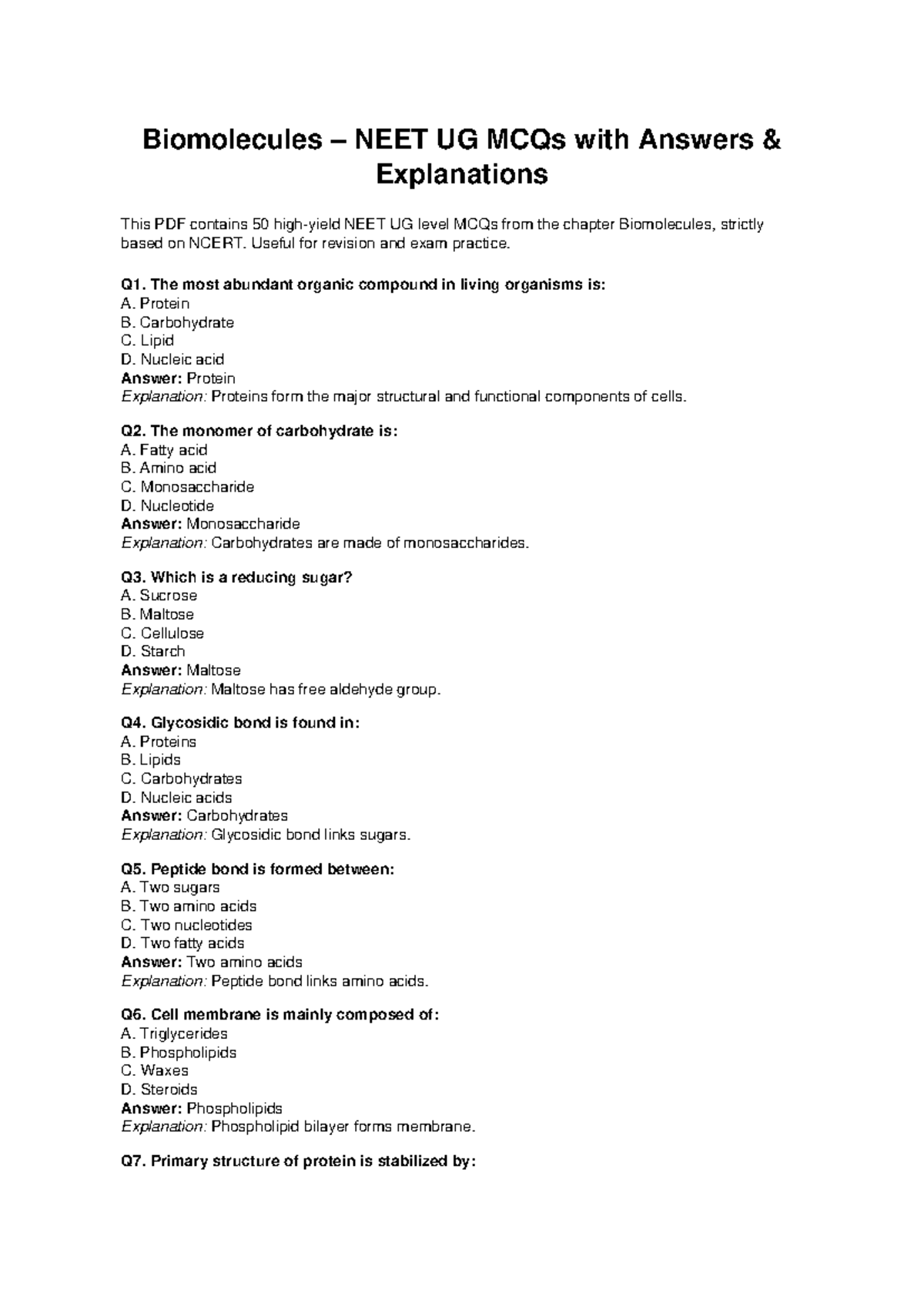 Biomolecules NEET UG 50 MCQs with Answers & Explanations - Studocu