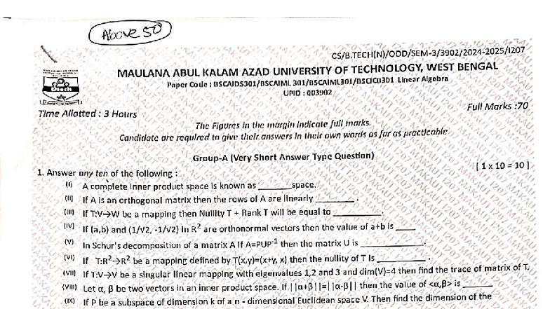 Linear Algebra Utech: Previous Year Questions (Paper Code: MAULANA ABUL ...