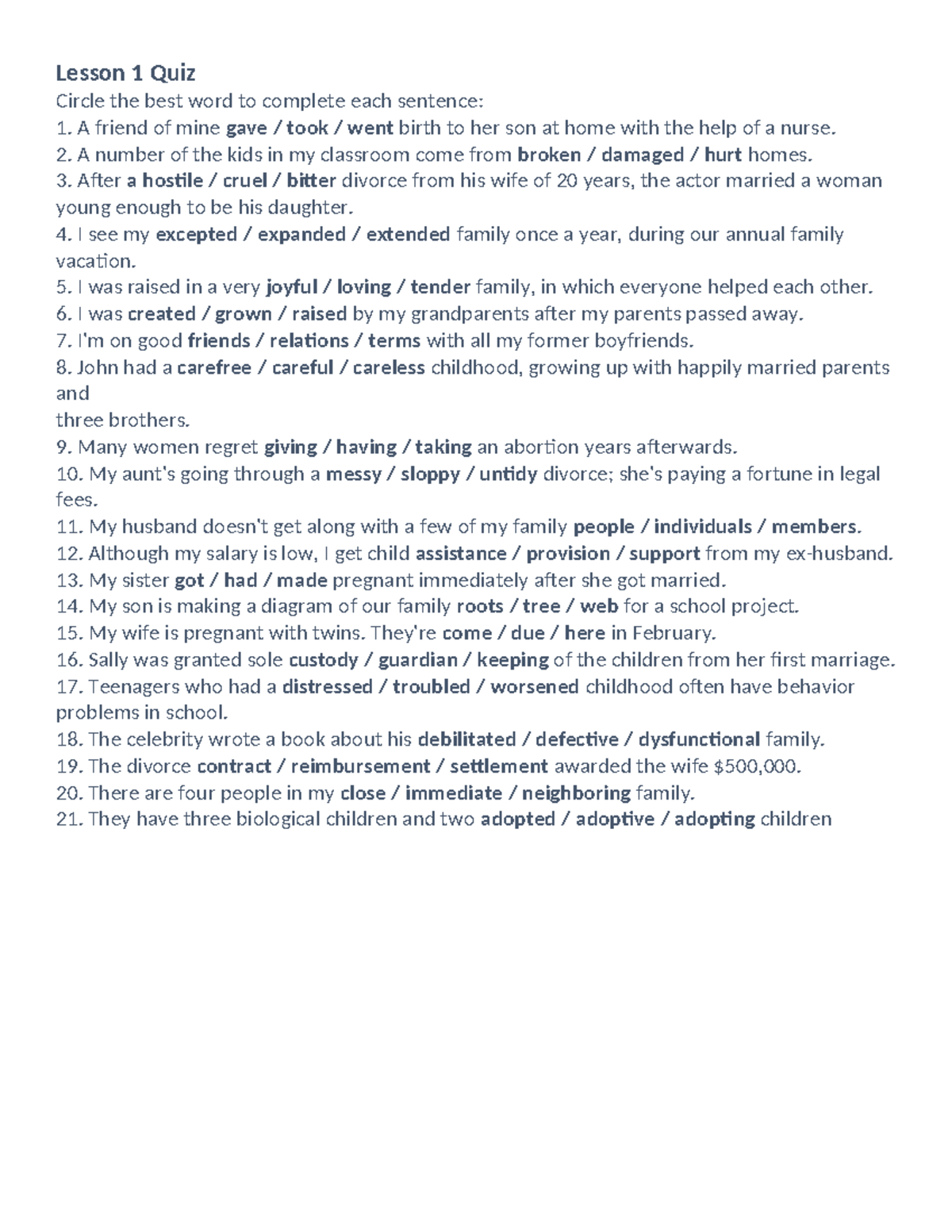Lesson 1 Quiz on Collocations and Family Vocabulary - Studocu