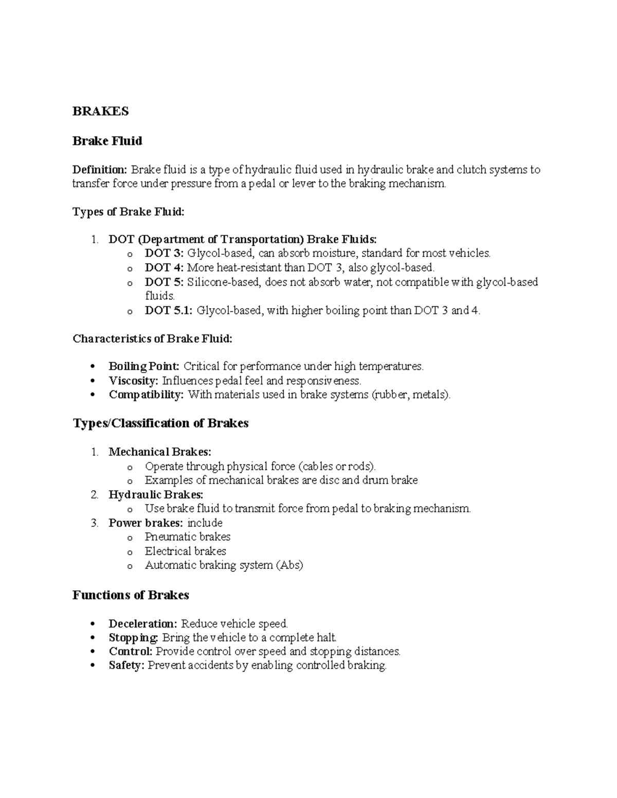 Brakes Notes - Understanding Brake Fluid and Brake Systems - Studocu