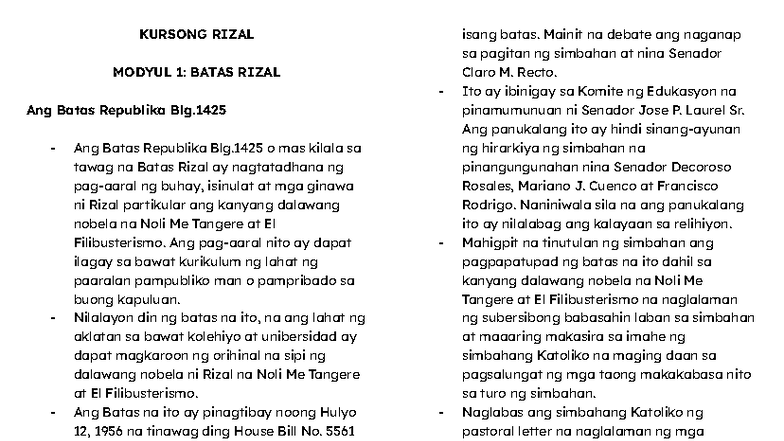 Modyul 1: Batas Rizal at ang Kahalagahan ng Kanyang mga Nobela - Studocu