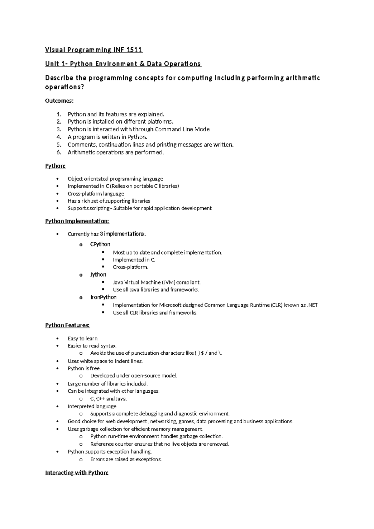 INF 1511 Final Exam Notes: Visual Programming Units 1-5 - Studocu