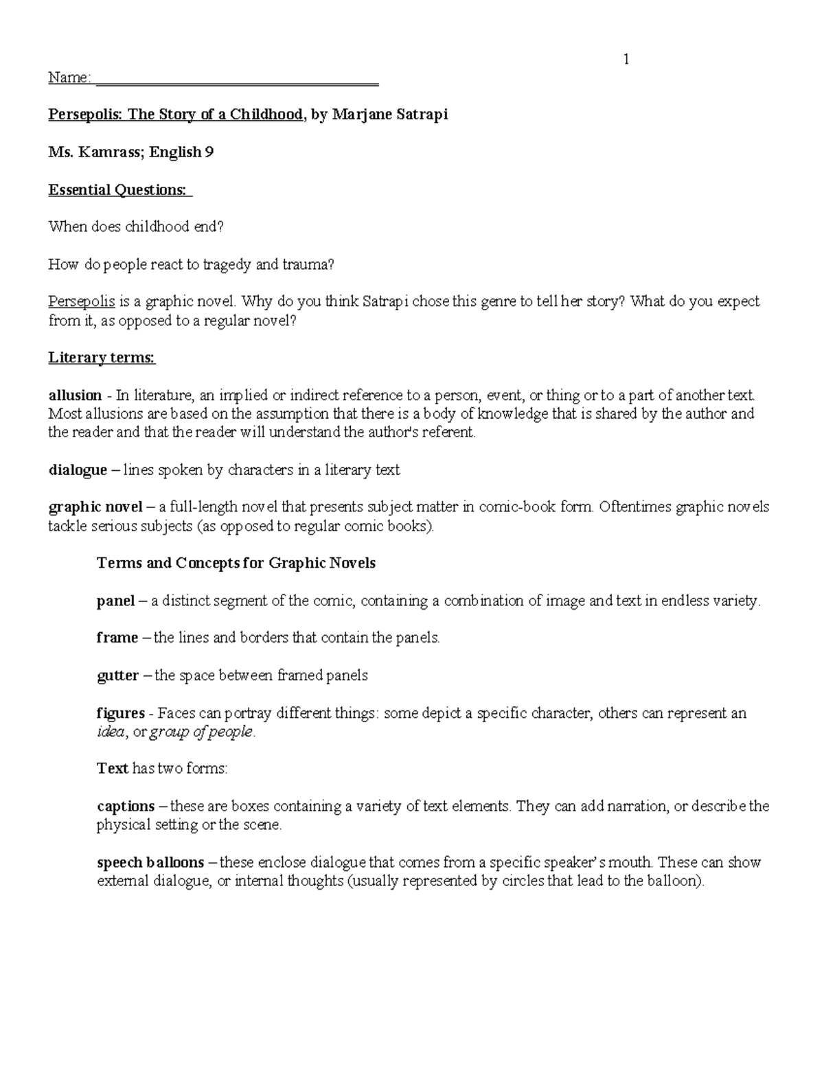 Persepolis: Essential Study Guide for English 9 (2019-2020) - Studocu