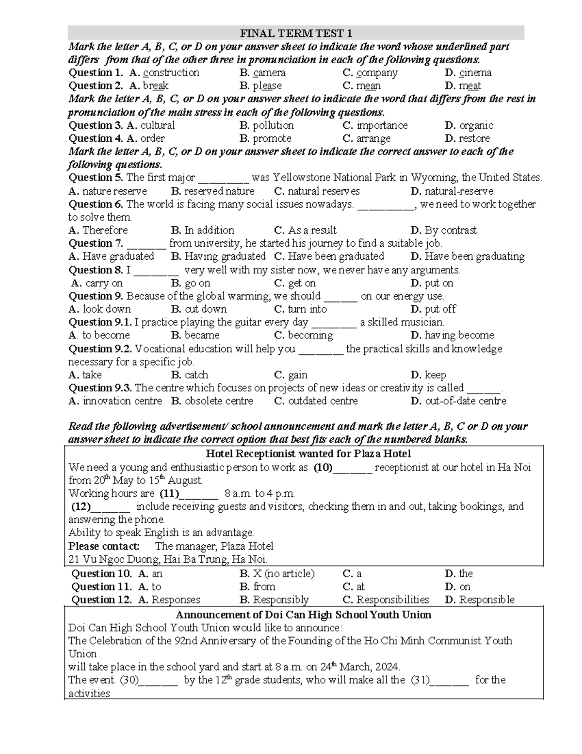 Final Exam Sample Questions G11 - Đề thi học kỳ 2 - Studocu