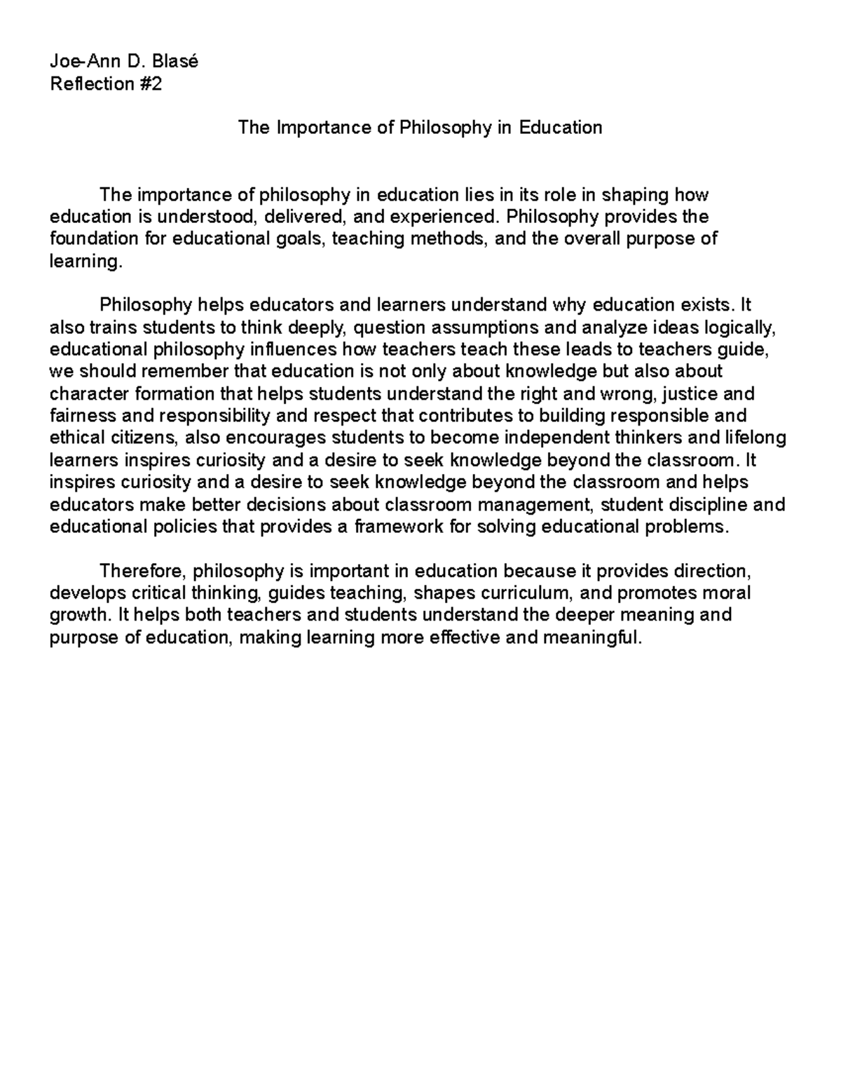EDU 101: Reflection on the Role of Philosophy in Education - Studocu