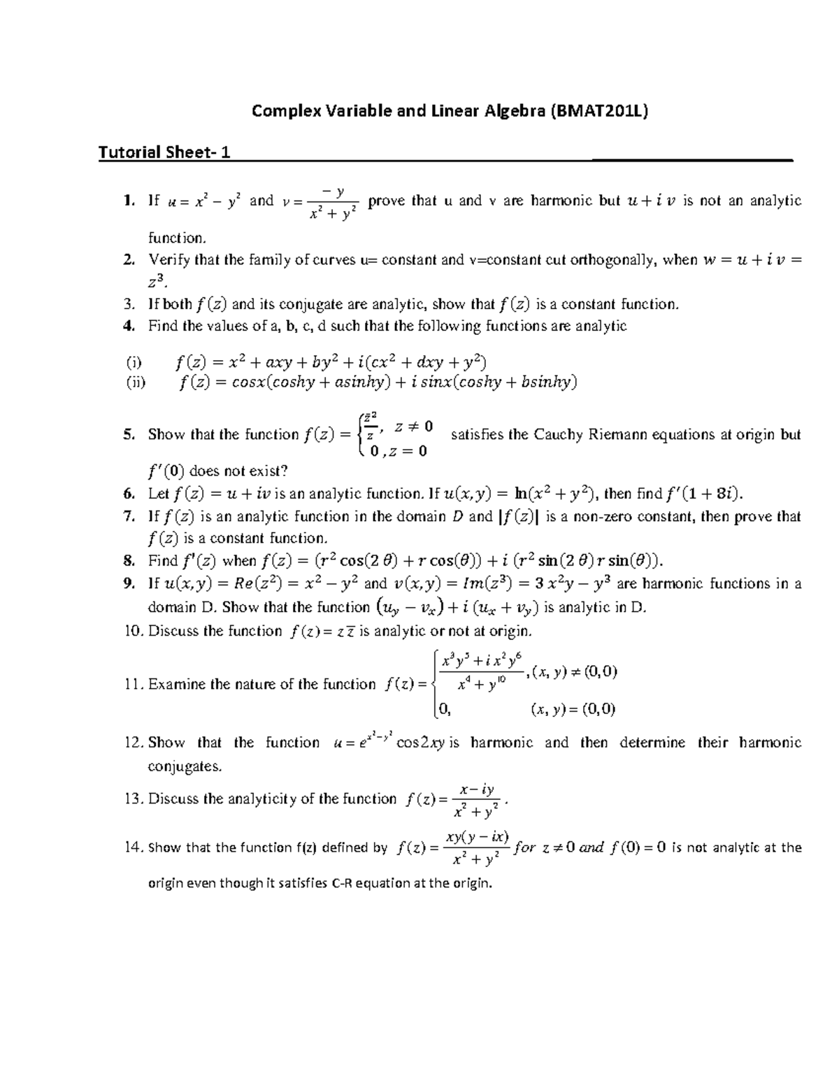 BMAT201L Complex Variable & Linear Algebra Tutorial 1 - Studocu