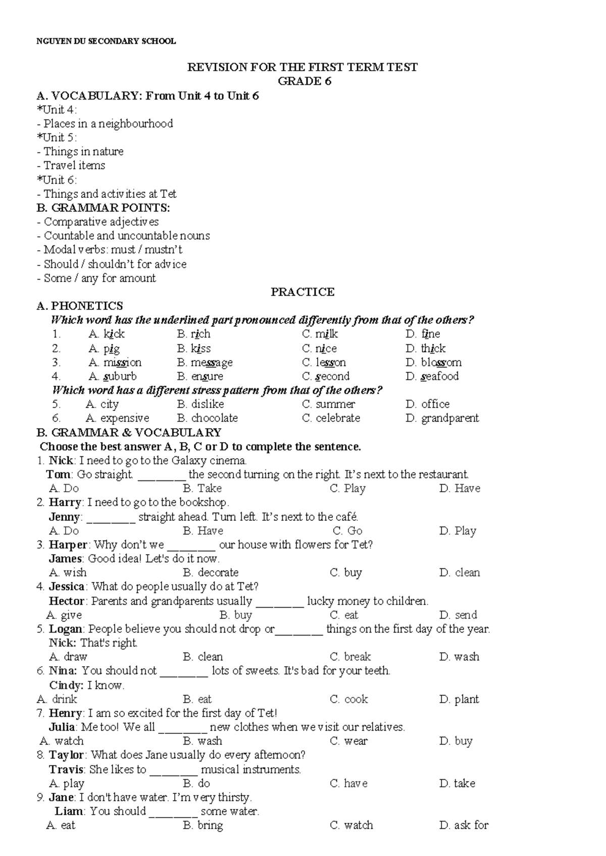 NGUYEN DU SCHOOL GRADE 6 TERM 1 REVISION: VOCAB & GRAMMAR - Studocu