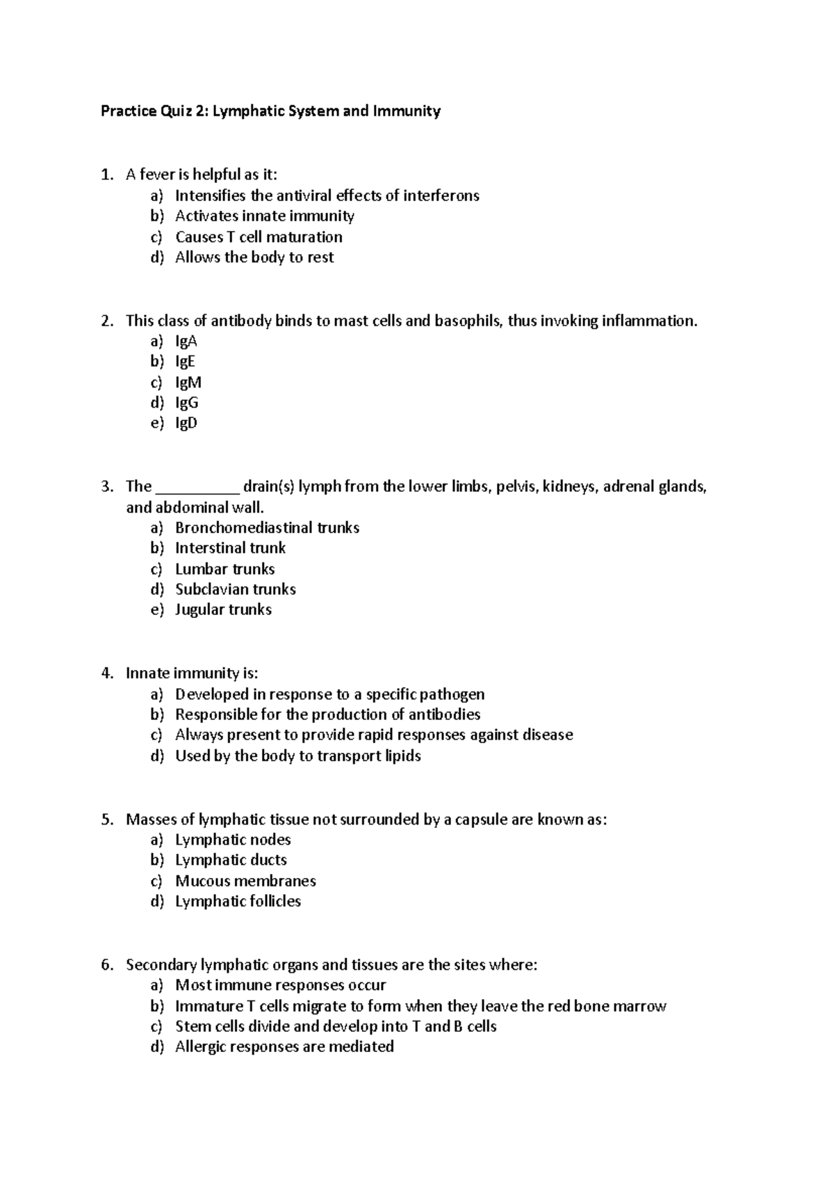 Practice multiple choice quiz - lymphatic system and immunity ...