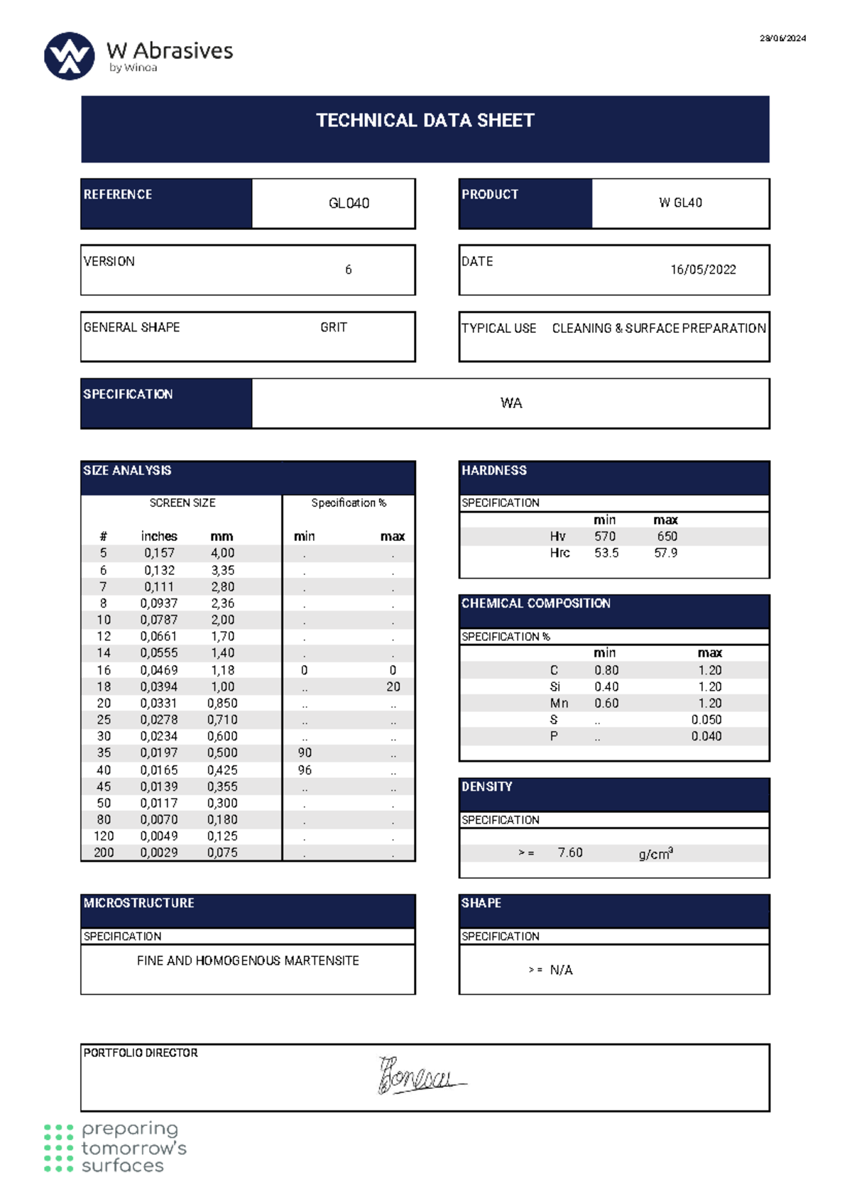 Technical Data Sheet GH012 for Winoa W GL40 V6 - Studocu