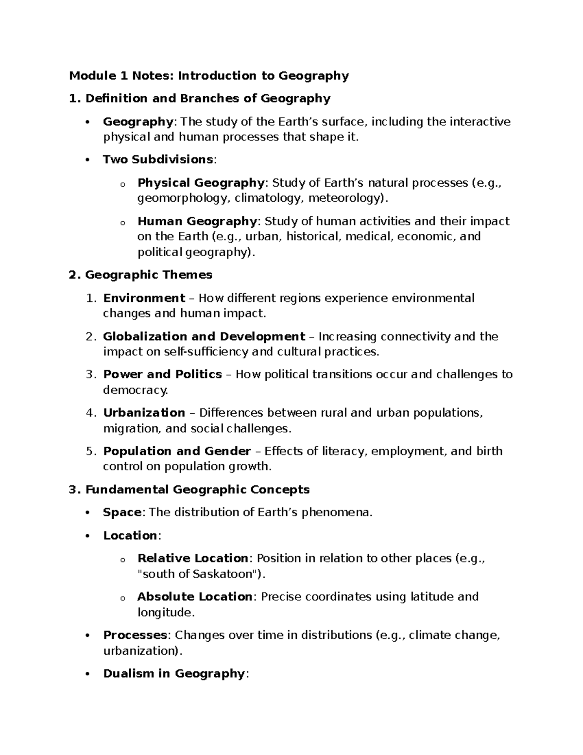 Module 1 notes: Introduction to geography and its key concepts - Studocu