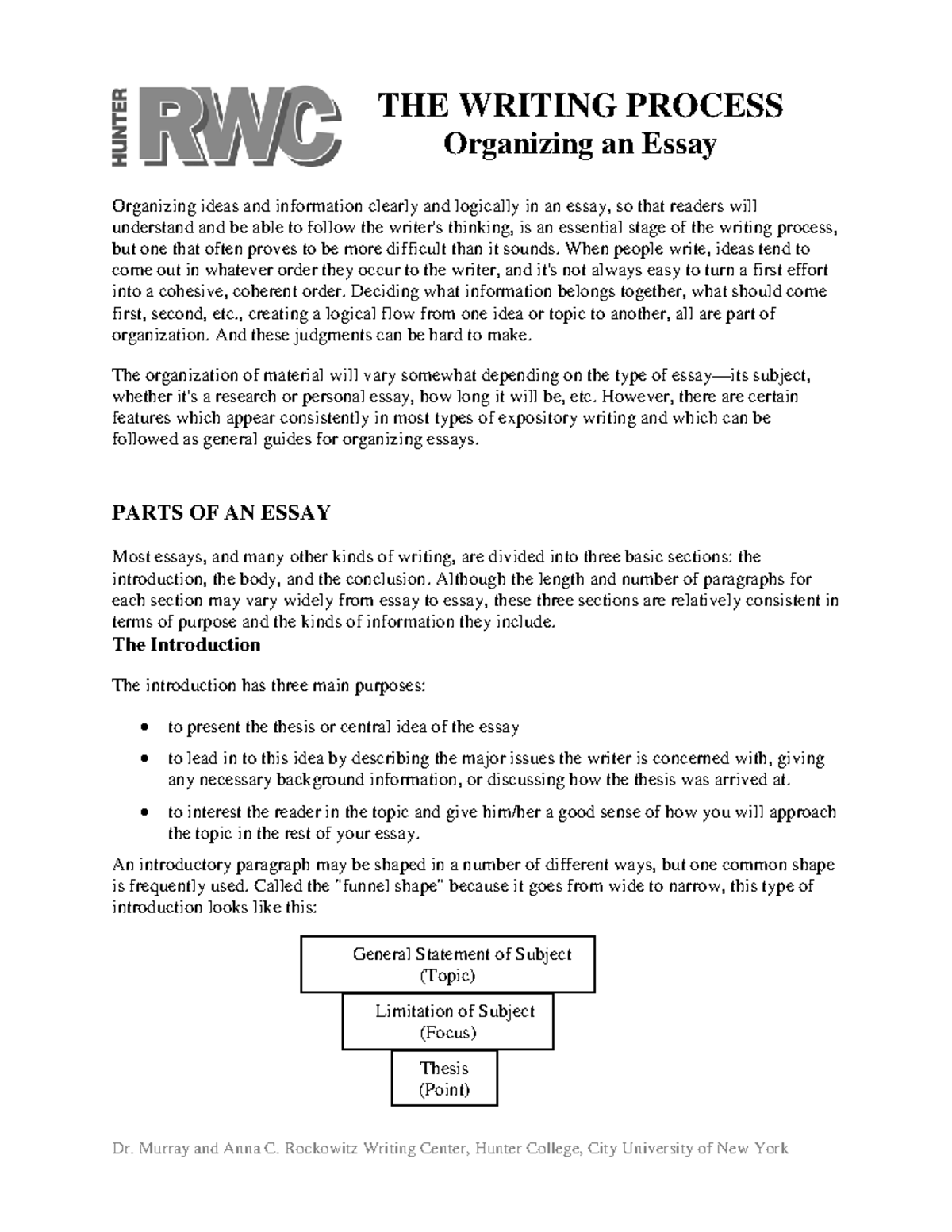 Organizing an Essay - English notes - THE WRITING PROCESS Organizing an ...