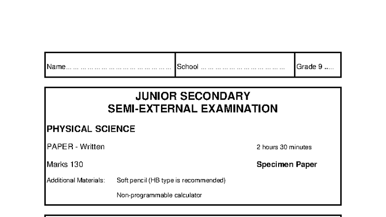 Grade 9 JS Physical Science Specimen Exam Paper - Studocu