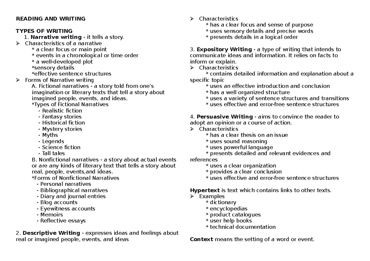 G12 STEM Final Exam Class Notes: Reading, Writing & Literature - Studocu