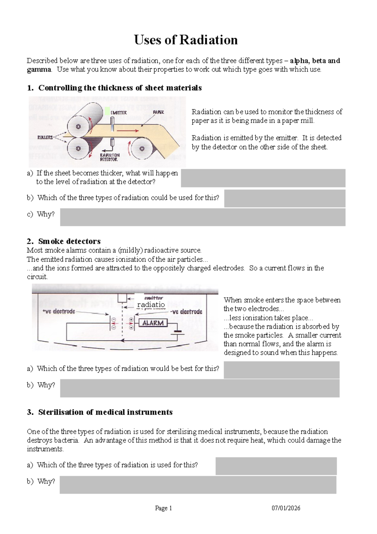 Uses of Radiation Worksheet: Alpha, Beta, and Gamma Applications - Studocu
