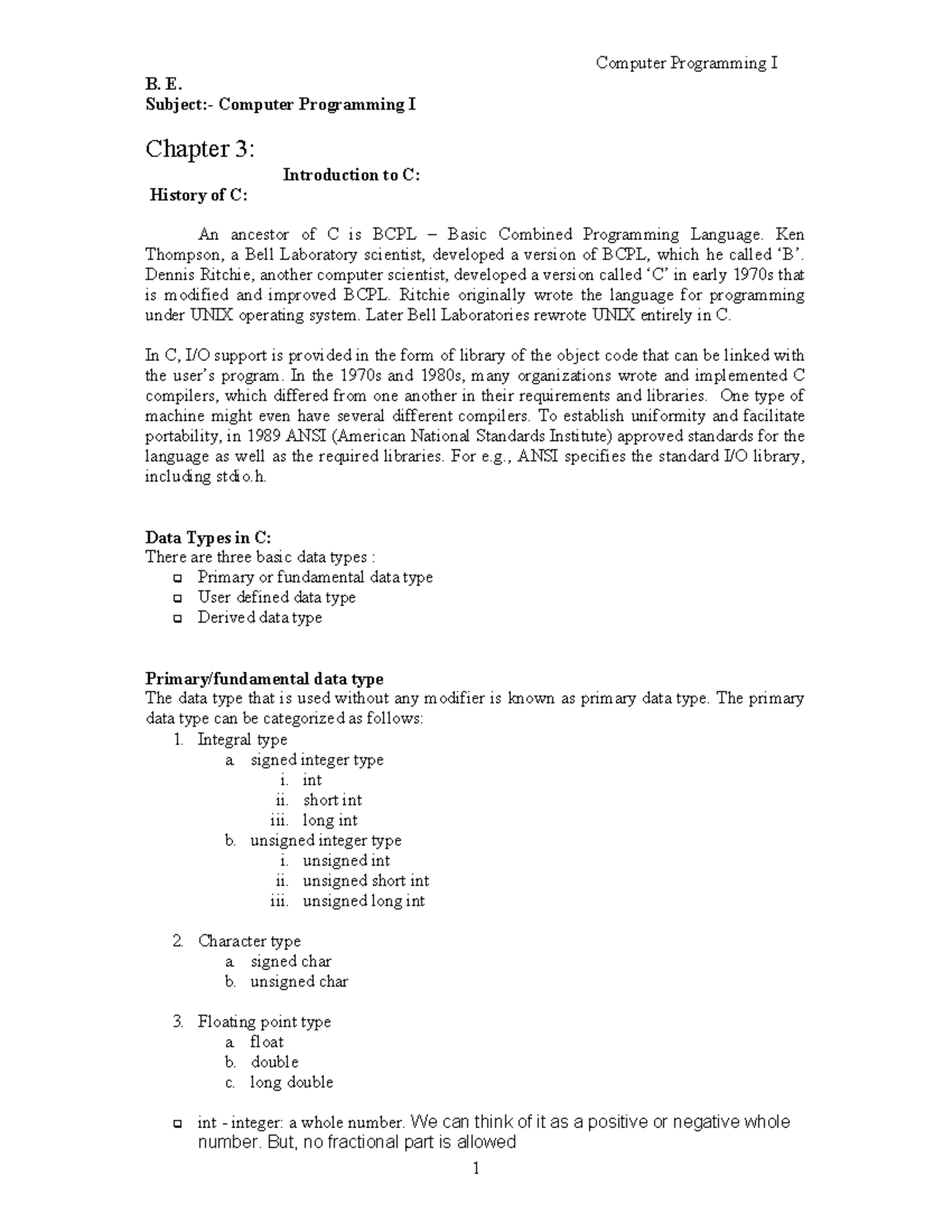 Ch 3: Intro to C Programming - Data Types and Operators Overview - Studocu