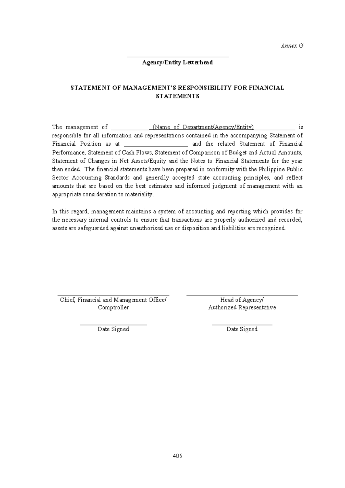 Annex G SMR for FS - Statement of Management Responsibility - Studocu