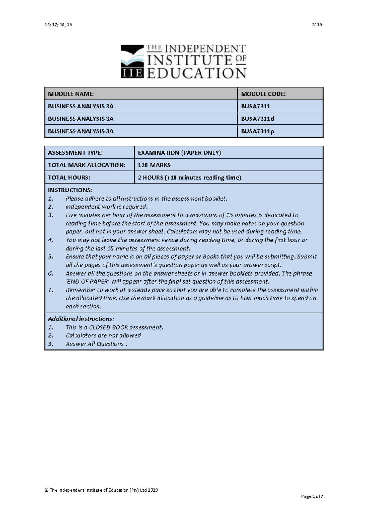BUSA7311Ea - Business Analysis 3A Exam Instructions & Case Study ...