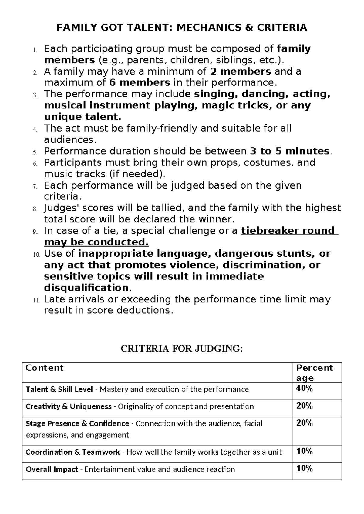 FAMILY GOT TALENT: PERFORMANCE MECHANICS & JUDGING CRITERIA - Studocu
