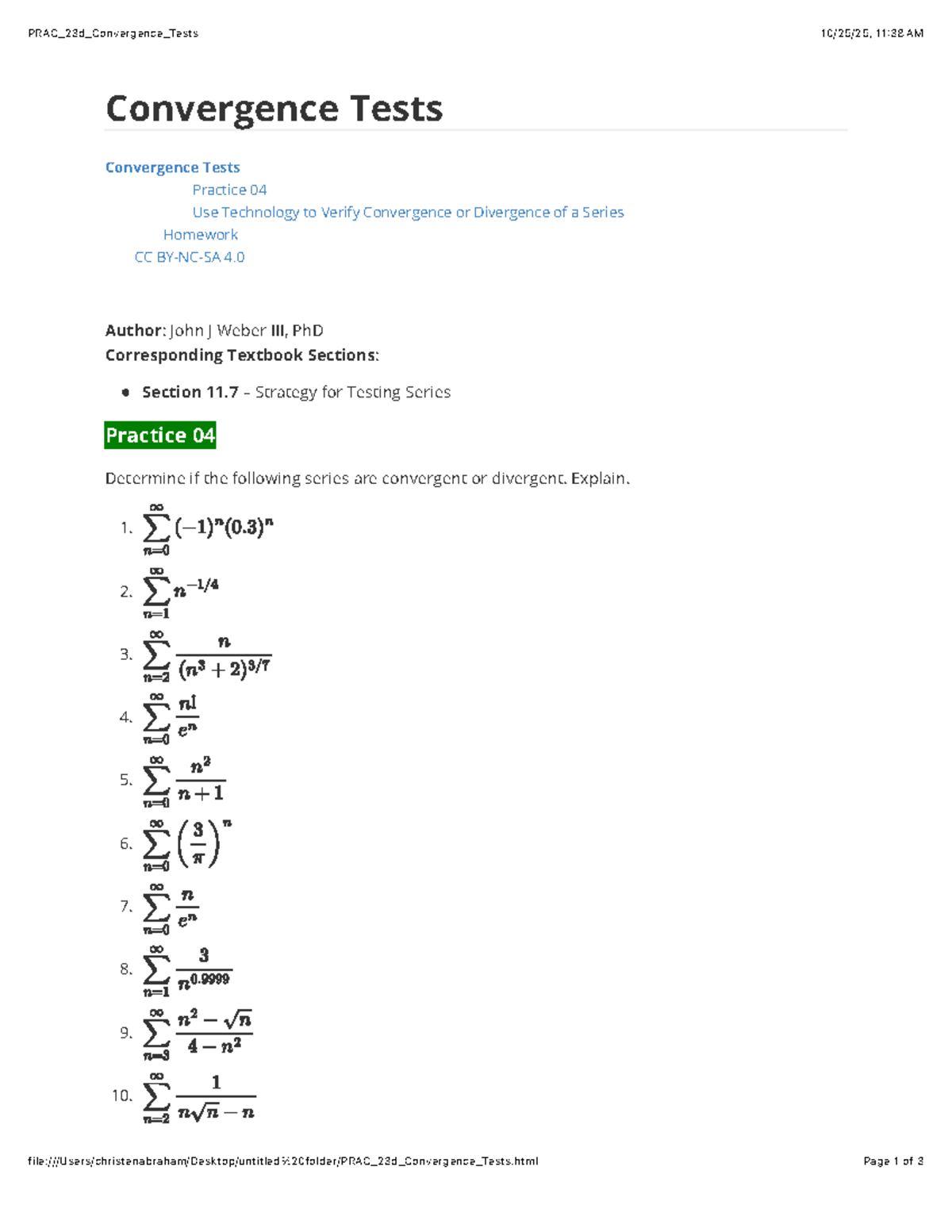 PRAC_23d_Calculus II Convergence Tests Practice 04 Homework - Studocu