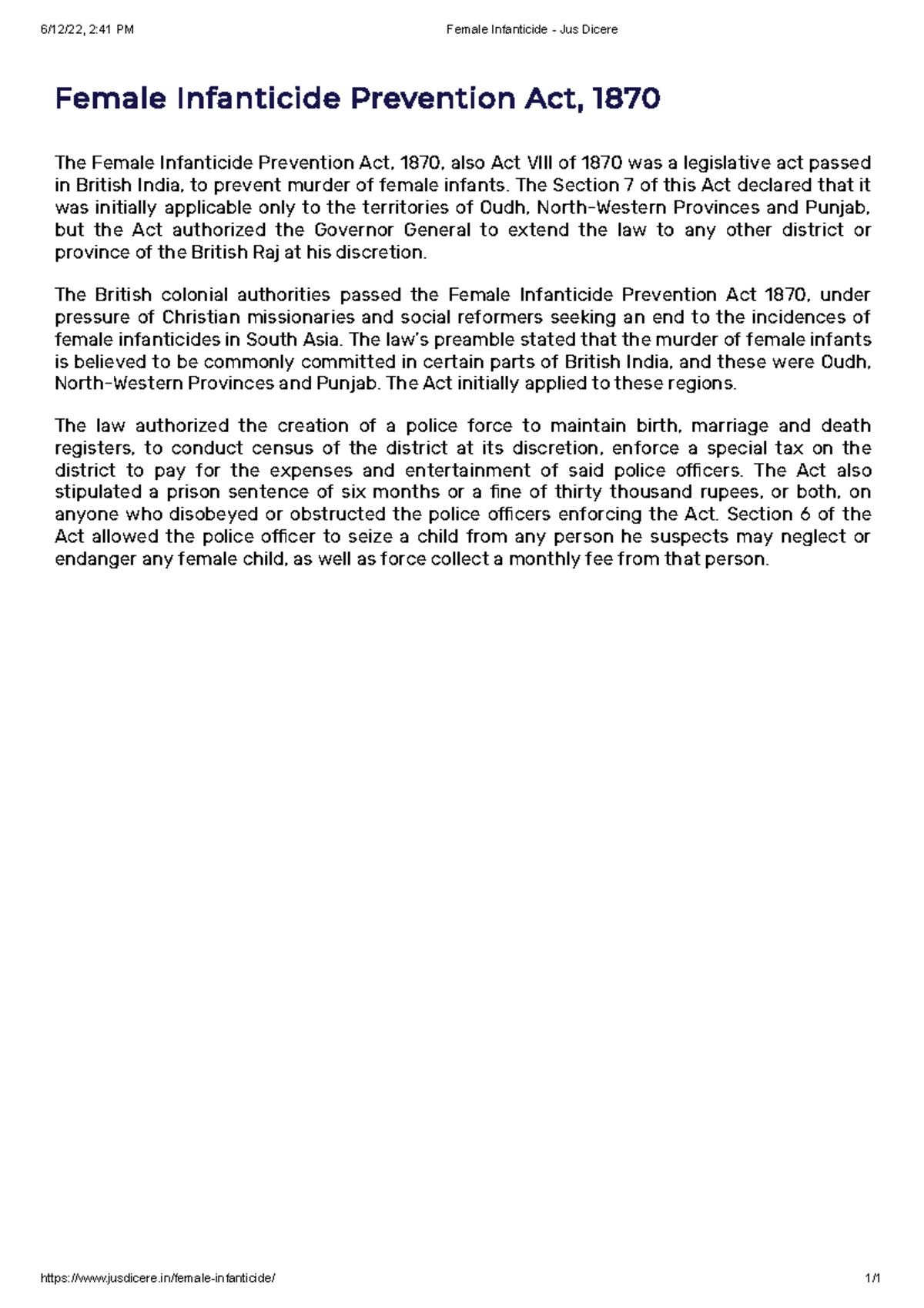 19.Female Infanticide act 1870 - 6/12/22, 2:41 PM Female Infanticide - Jus Dicere - Studocu