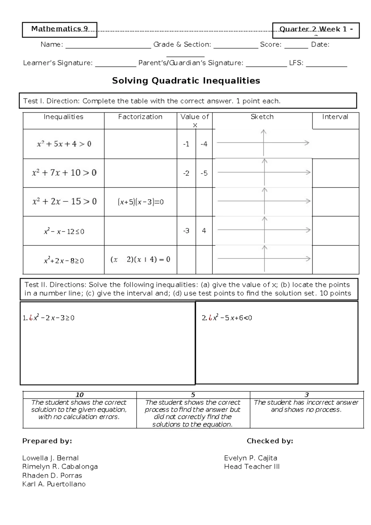 MATH 9 Q1 Summative Test: Quadratic Equations & Solutions - Studocu