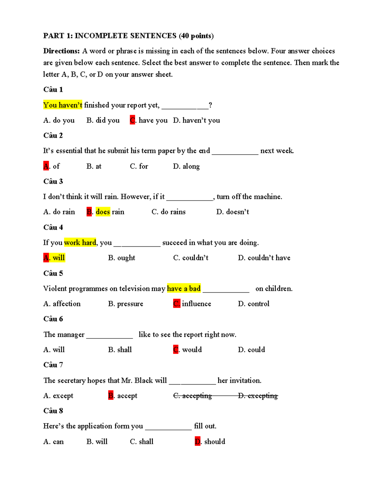 Incomplete Sentences Practice - Part 1 (40 Points) - Studocu