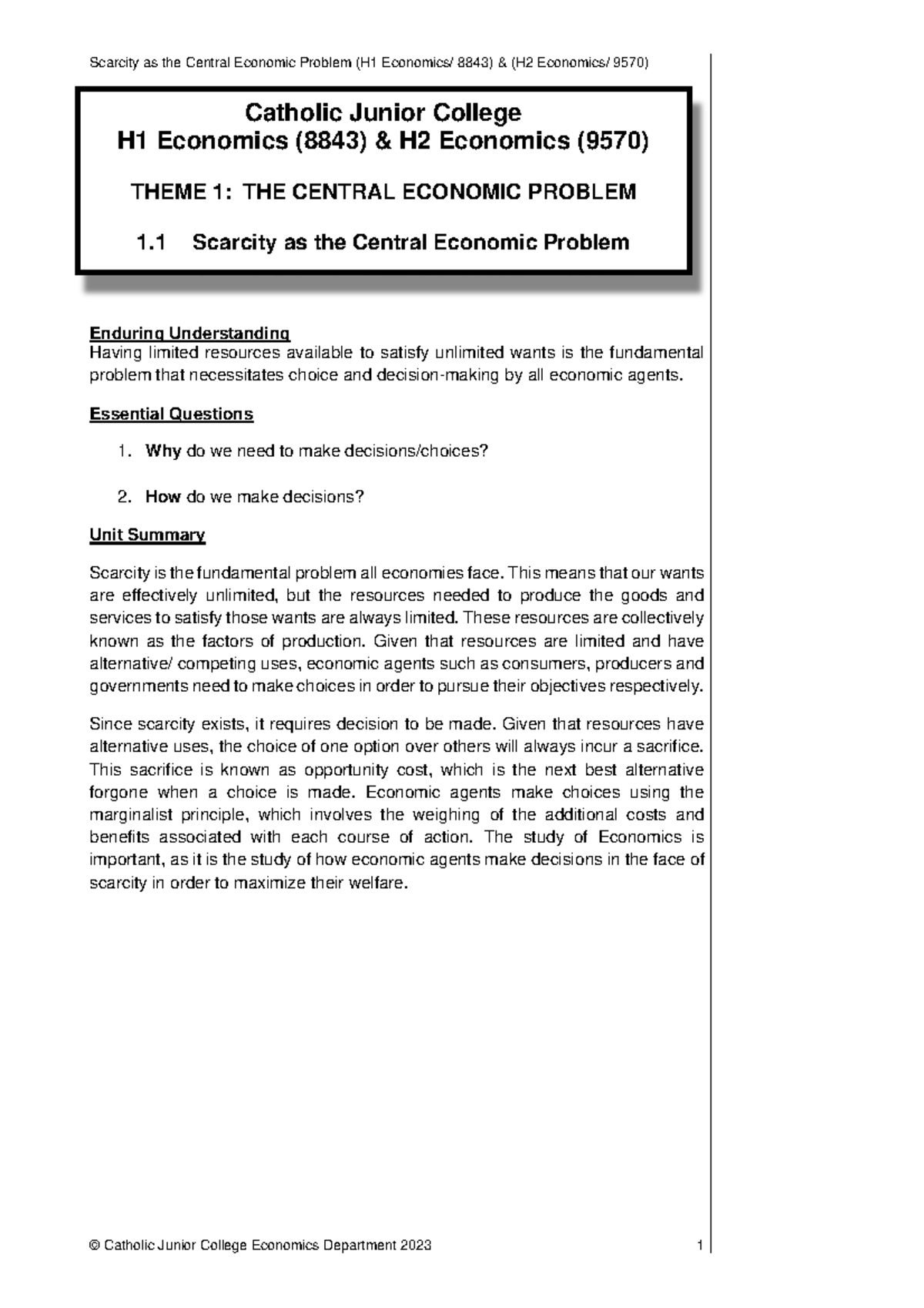 Scarcity as the Central Economic Problem: H1 8843 & H2 9570 Lecture ...