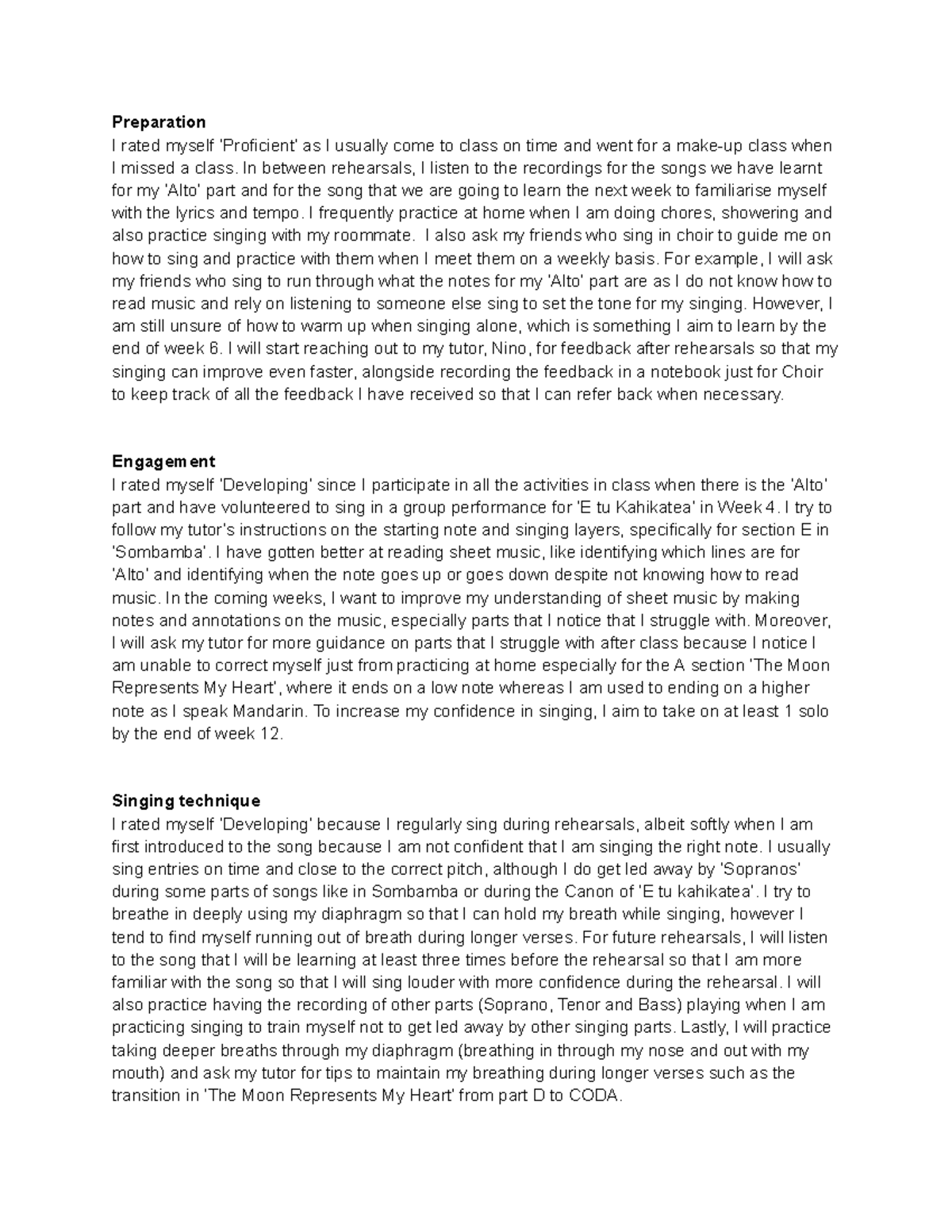 World Music Choir Reflection: Self-Assessment & Improvement Plan - Studocu