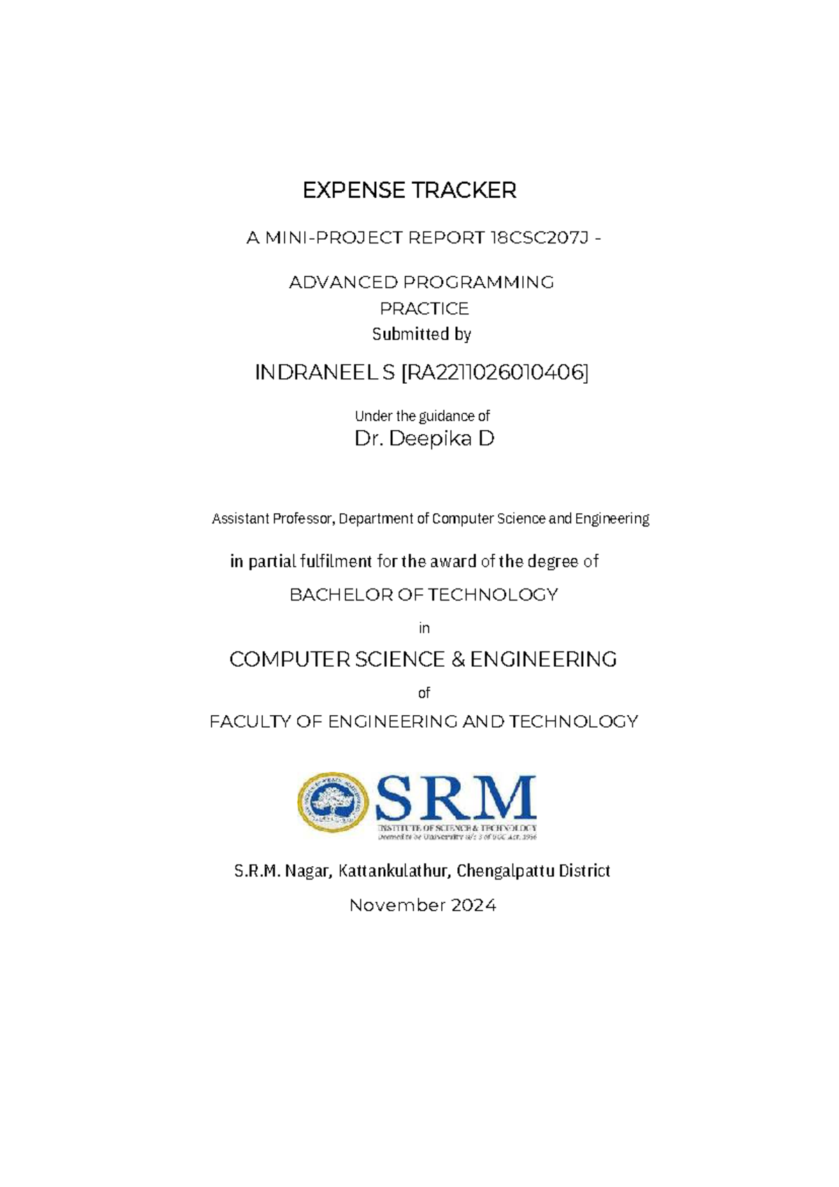 Expense Tracker Report for 18CSC207J: Advanced Programming Practice ...