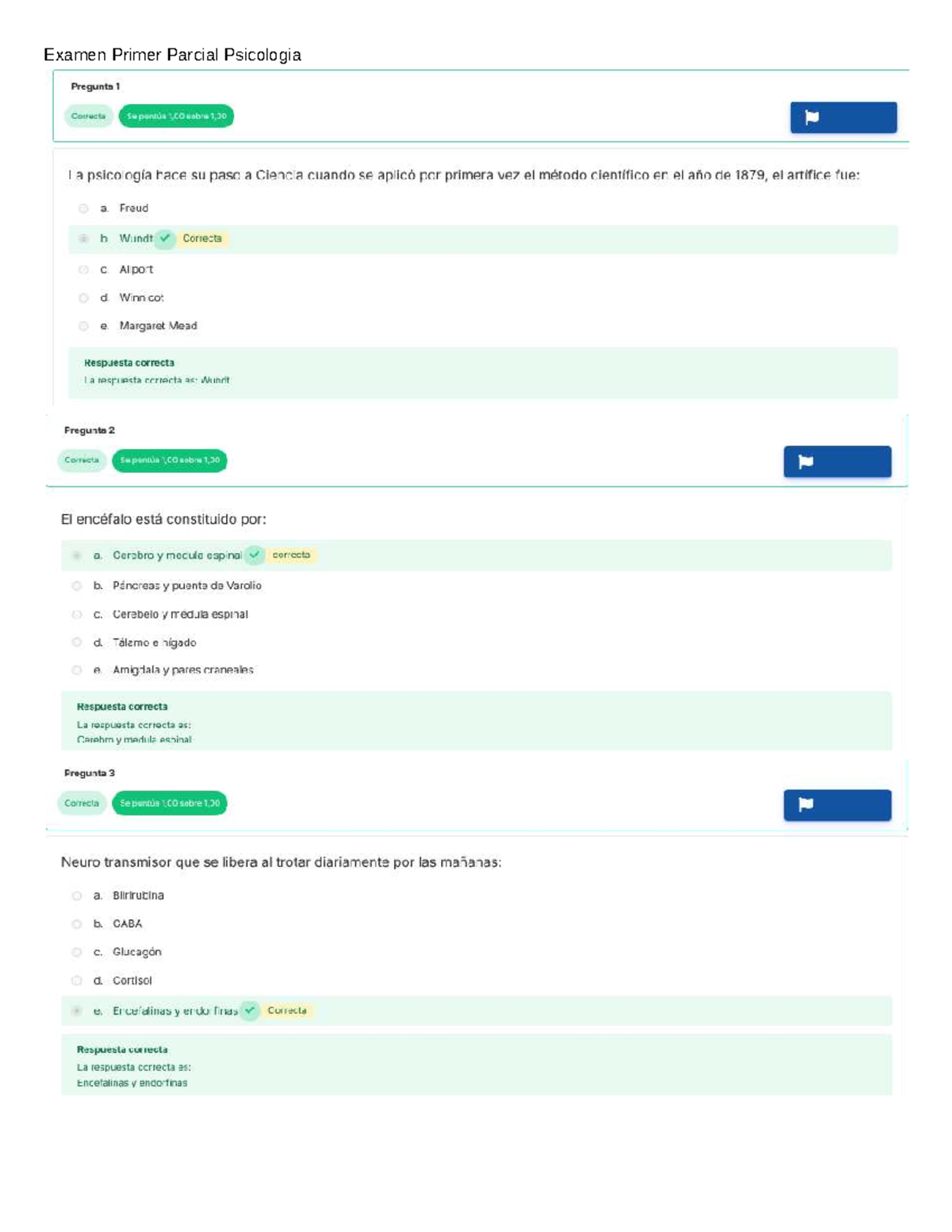 Examen Primer Parcial Psicología: Preguntas y Respuestas Clave - Studocu