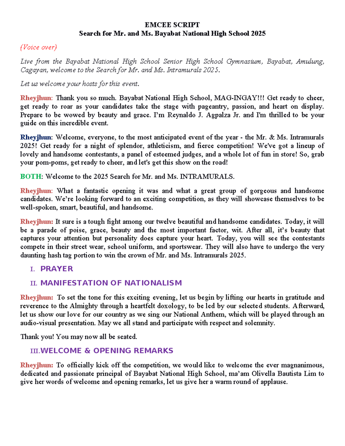EMCEE SCRIPT for Mr. and Ms. Intramurals 2025 at BNHS - Studocu