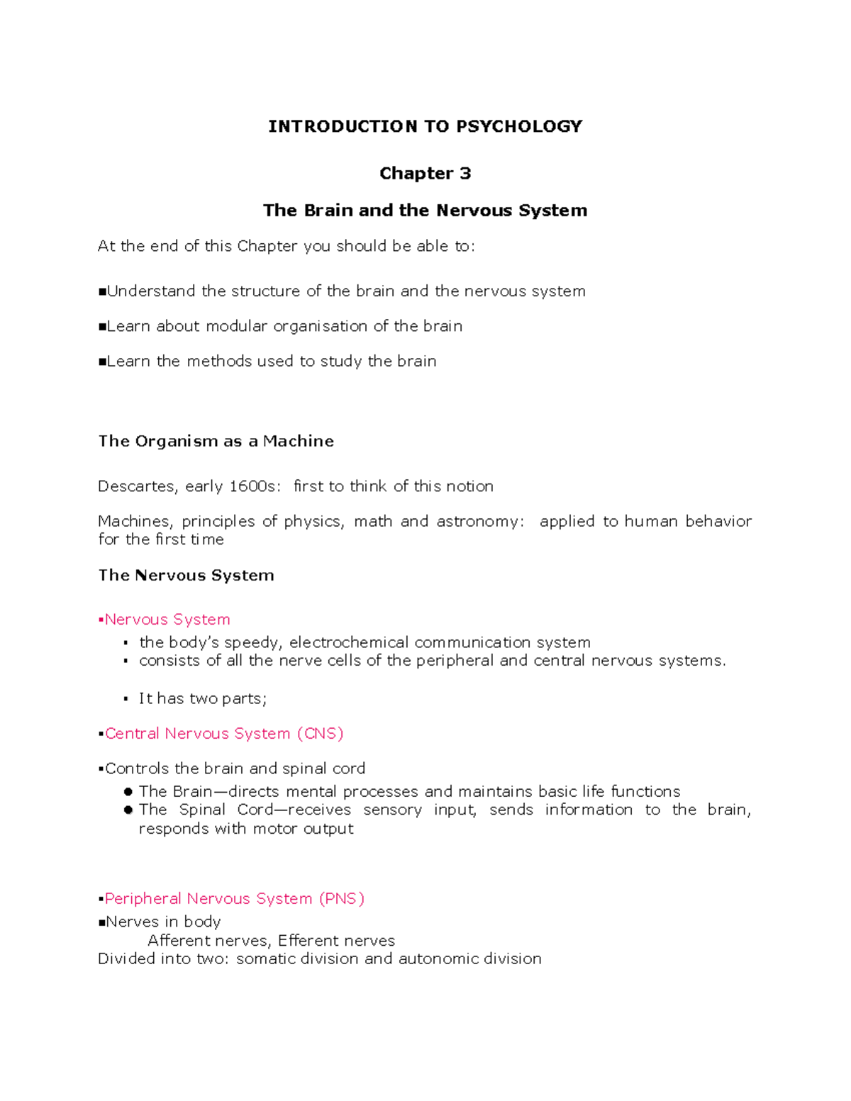 Chapter 3 The Brain and the Nervous System - INTRODUCTION TO PSYCHOLOGY ...