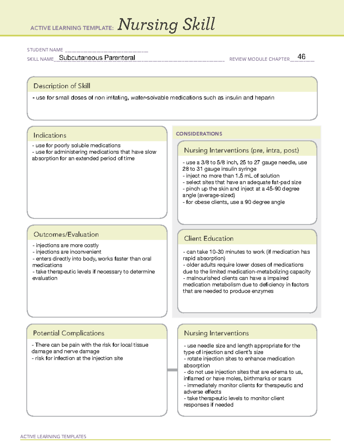 Nursing Skill ATI: Active Learning Template for Subcutaneous Injections ...