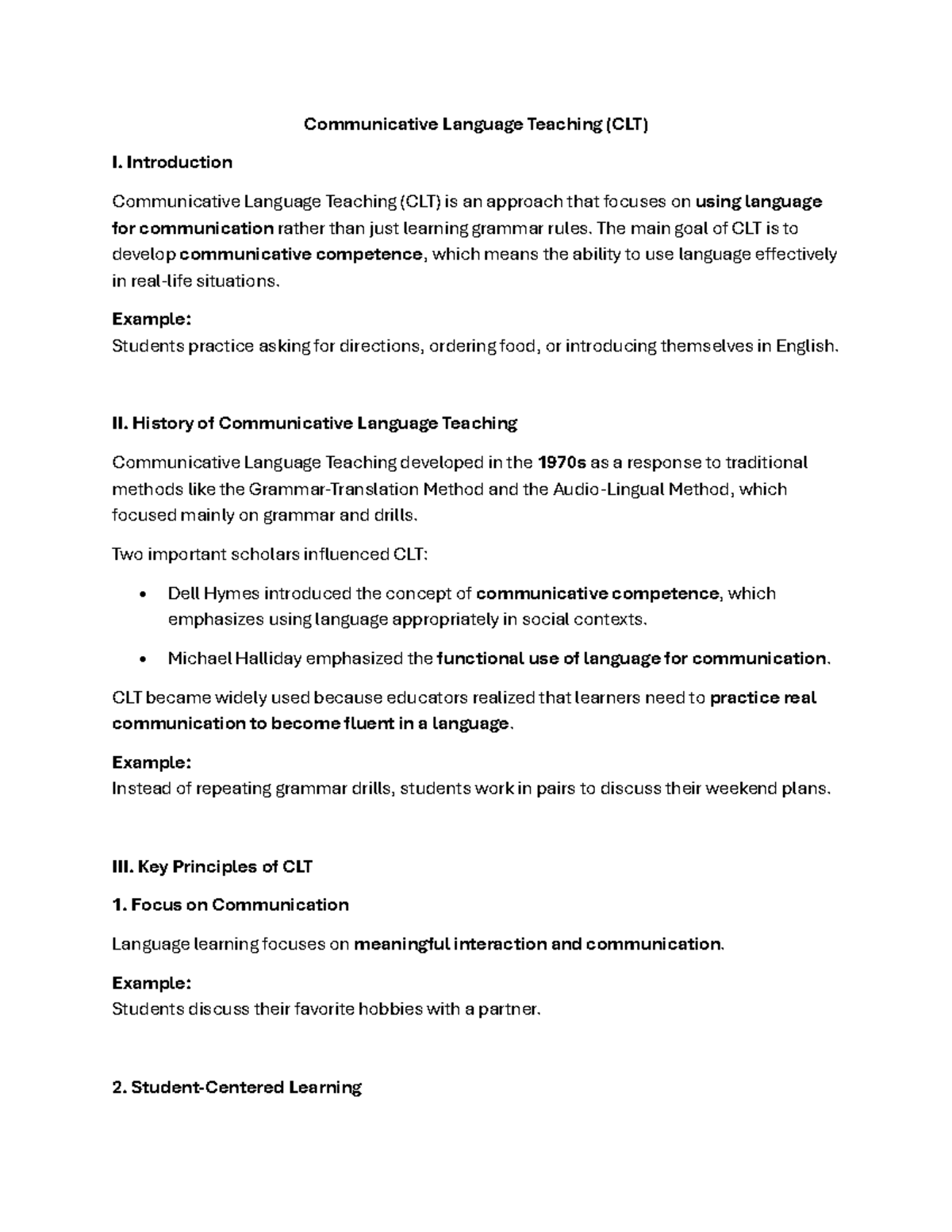 Communicative Language Teaching (CLT): Principles & Practices - Studocu