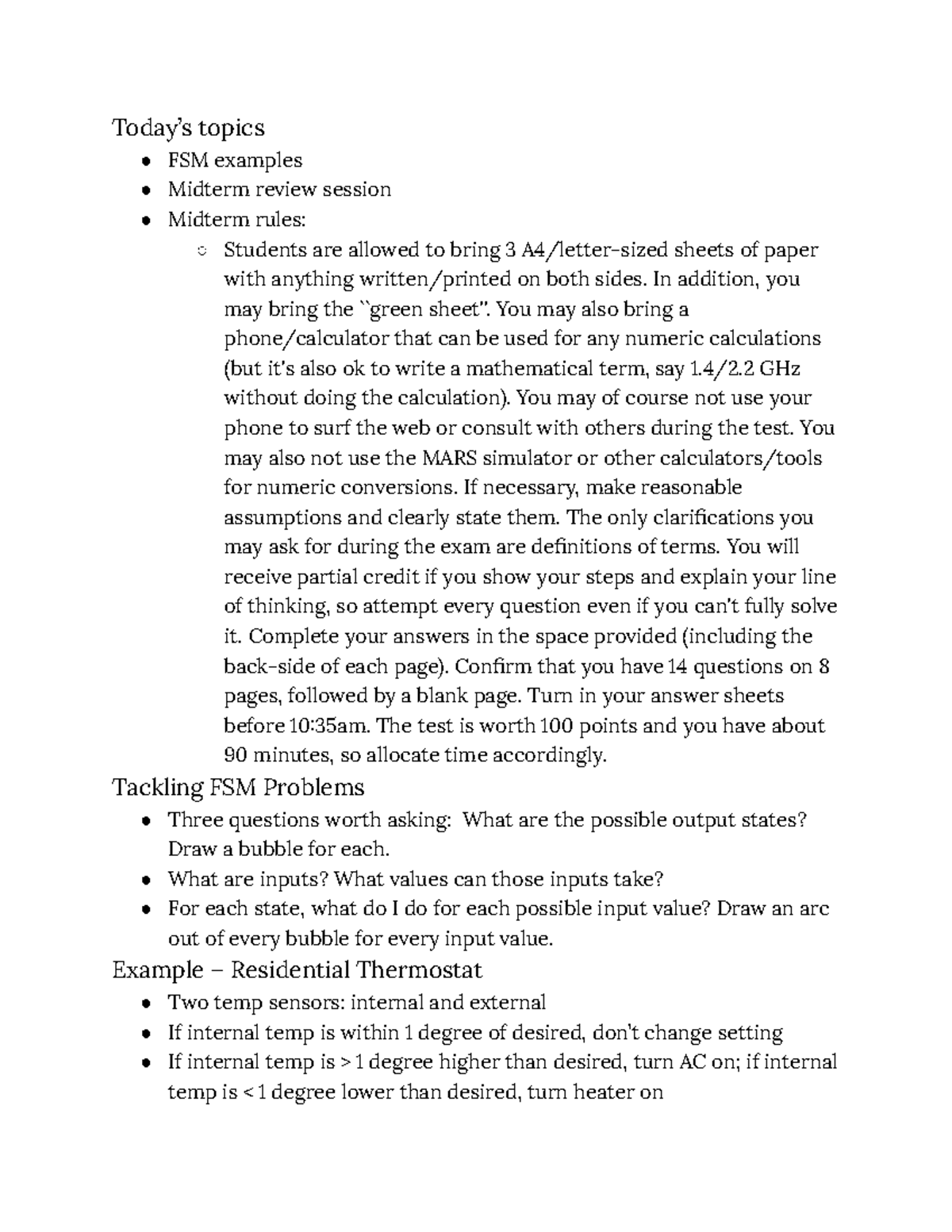 CS ECE 3810 Lecture Notes: FSM, Midterm Review, Performance Insights ...