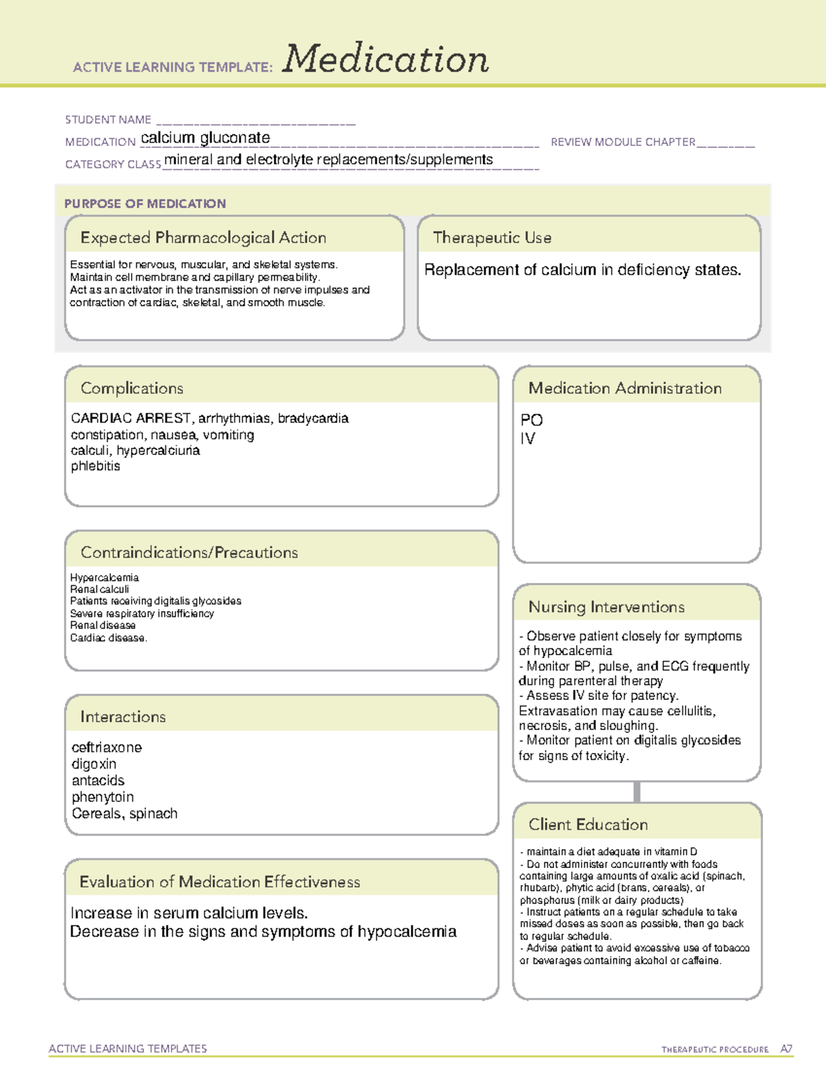 Calcium Gluconate - ATI Active Learning Template Guide - Studocu