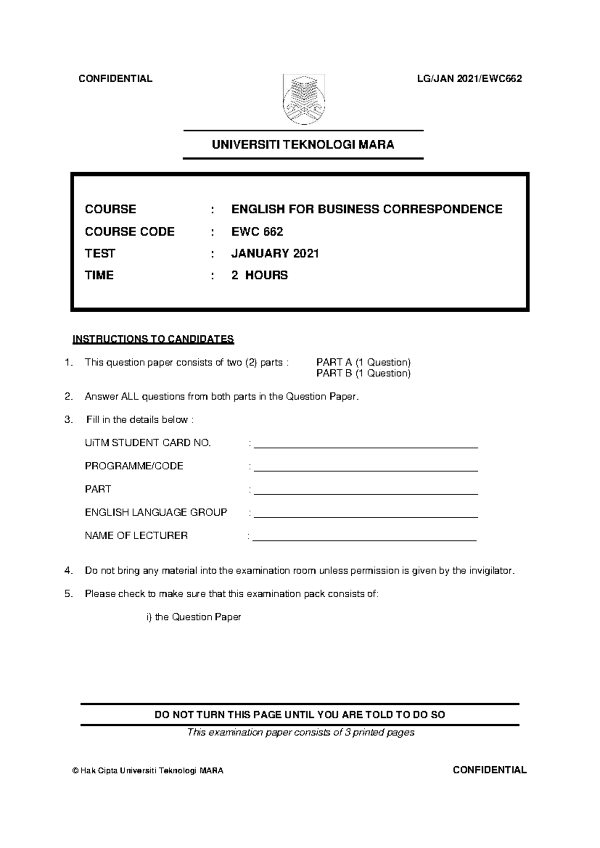 EWC 662 Test Paper: English for Business Correspondence - Jan 2021 ...