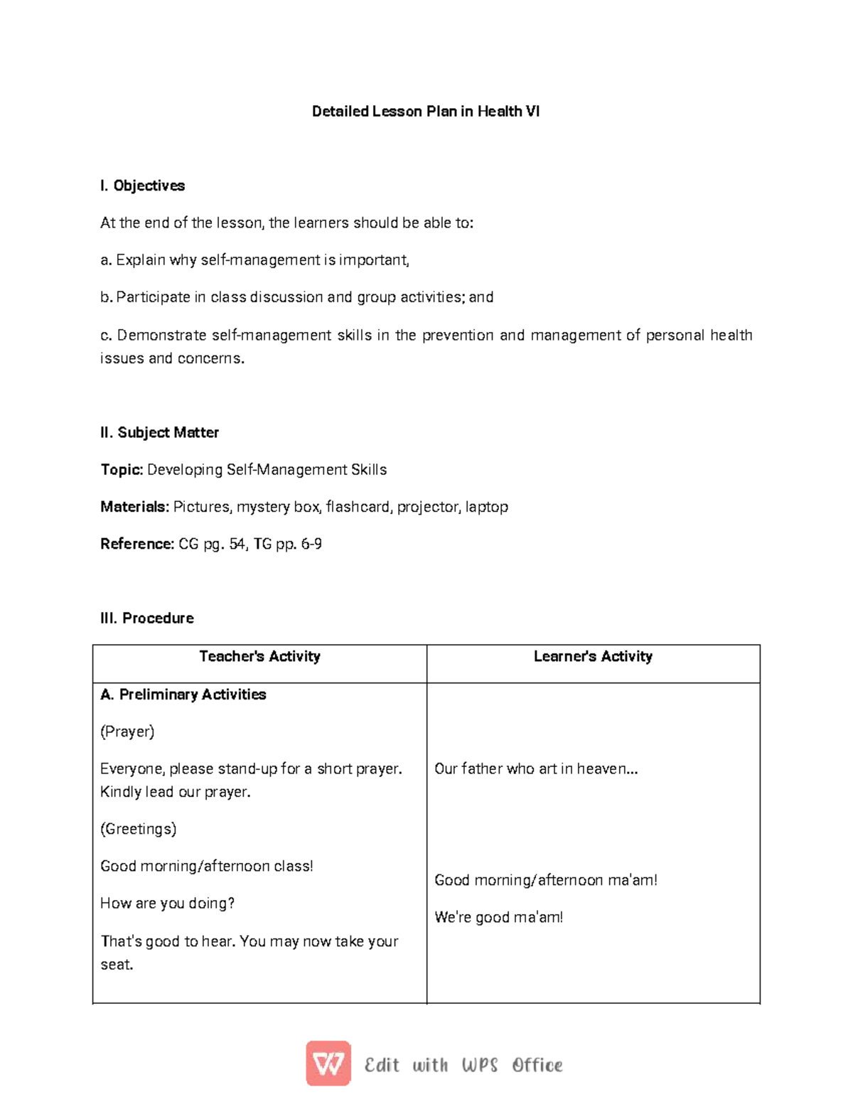Health VI Detailed Lesson Plan: Developing Self-Management Skills - Studocu