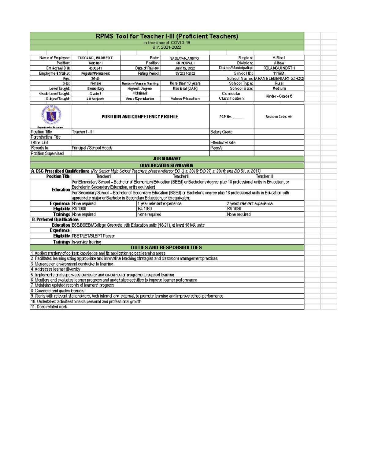 RPMS Tool for Proficient Teachers - SY 2021-2022 Evaluation Guide - Studocu