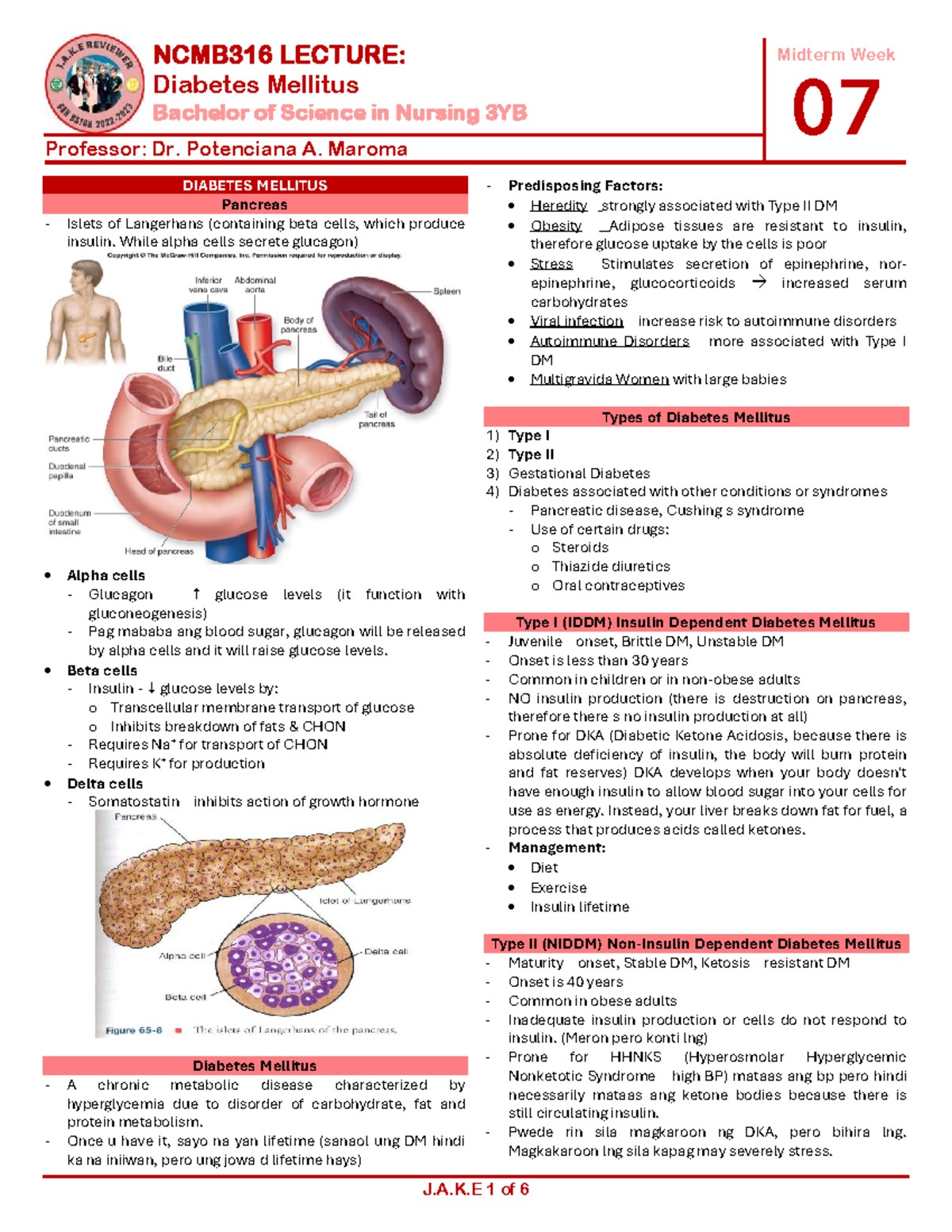 NCMB316 LECTURE: WK7 Diabetes Mellitus Midterm Review for Nursing 3YB ...