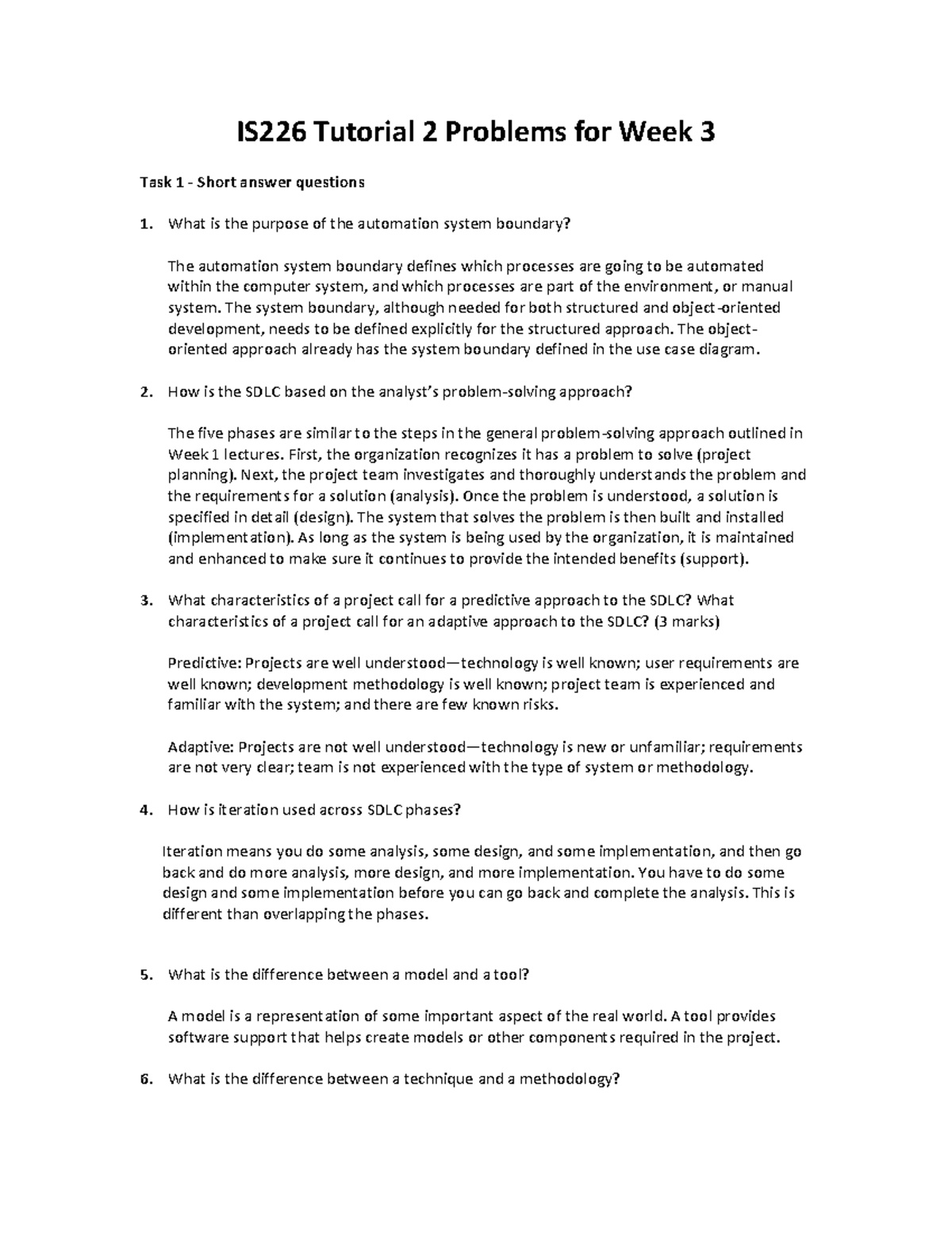IS226 Week 3 Tutorial 2 Solutions: SDLC Insights and Analysis - Studocu