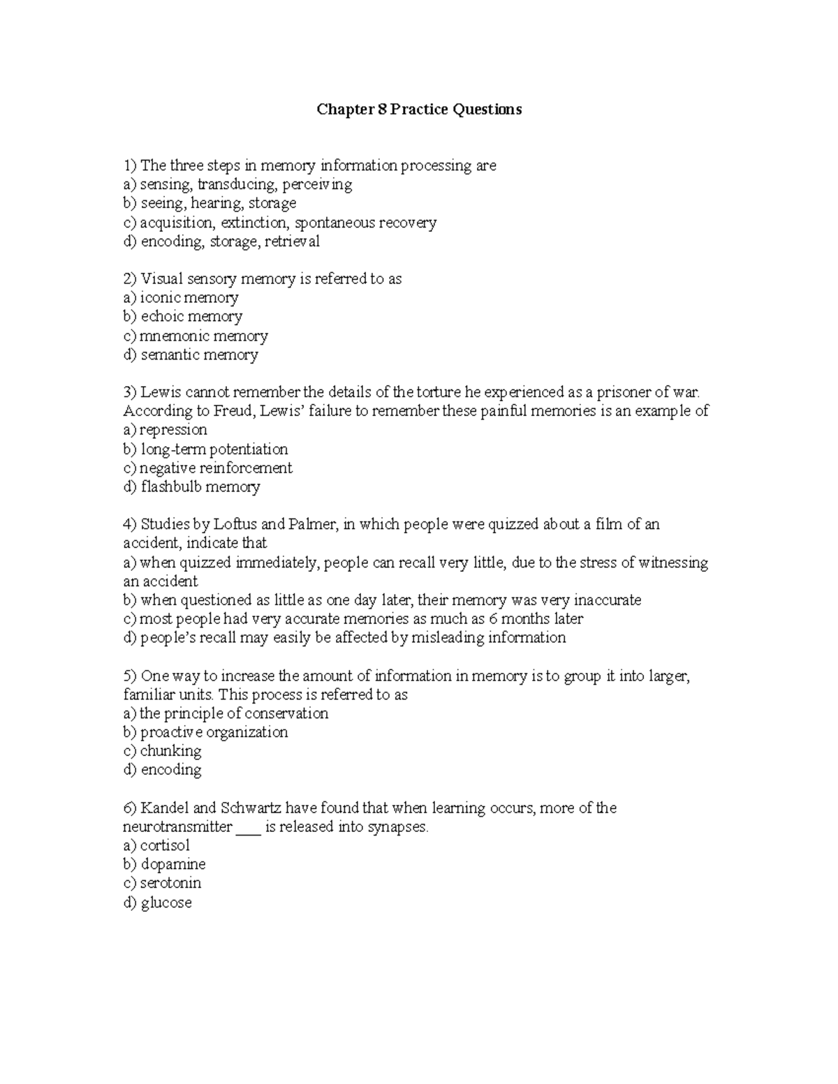 Memory Practice Test Questions, Psychology 101 - Chapter 8 - Studocu