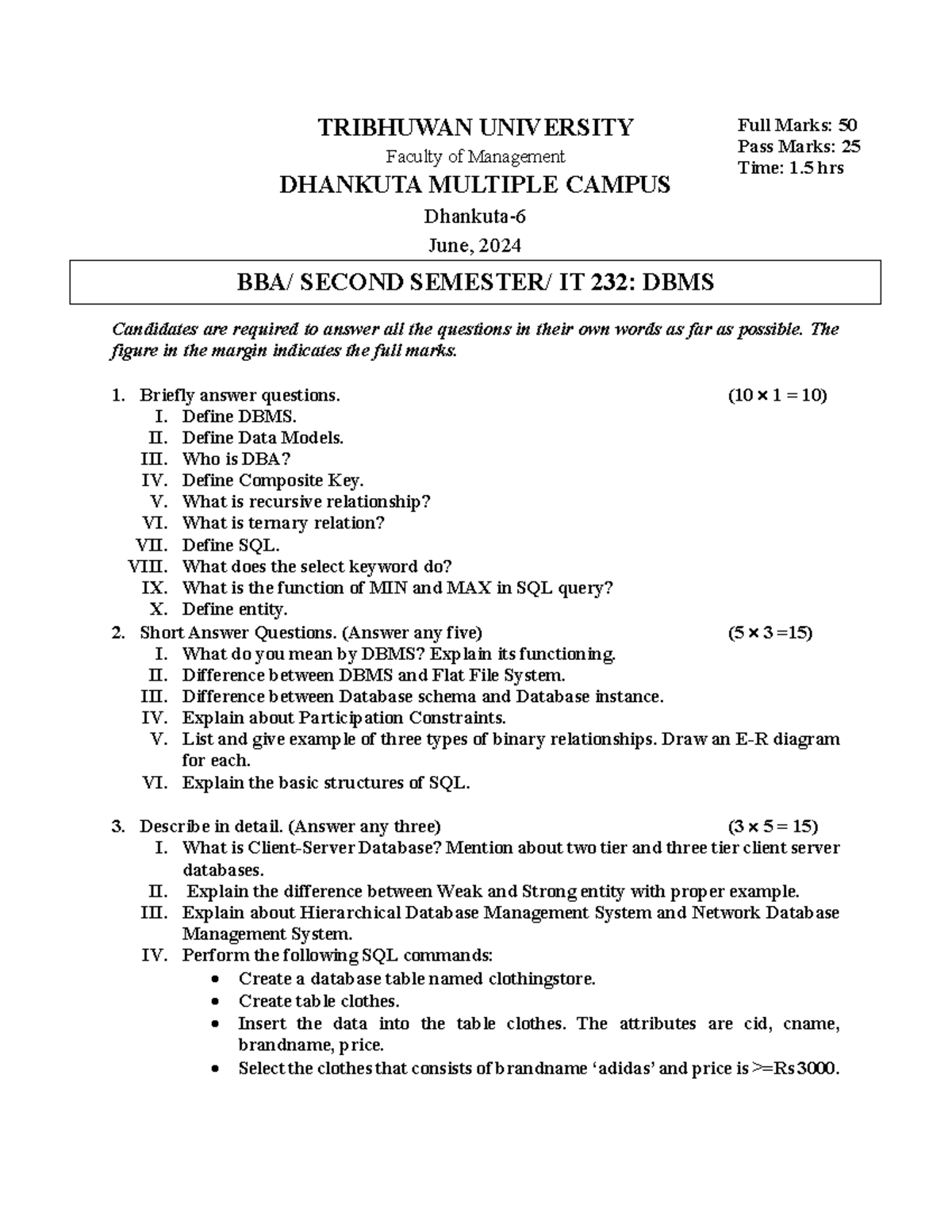TU BBA IT 232 - DBMS Question Model for Second Semester Exam - Studocu